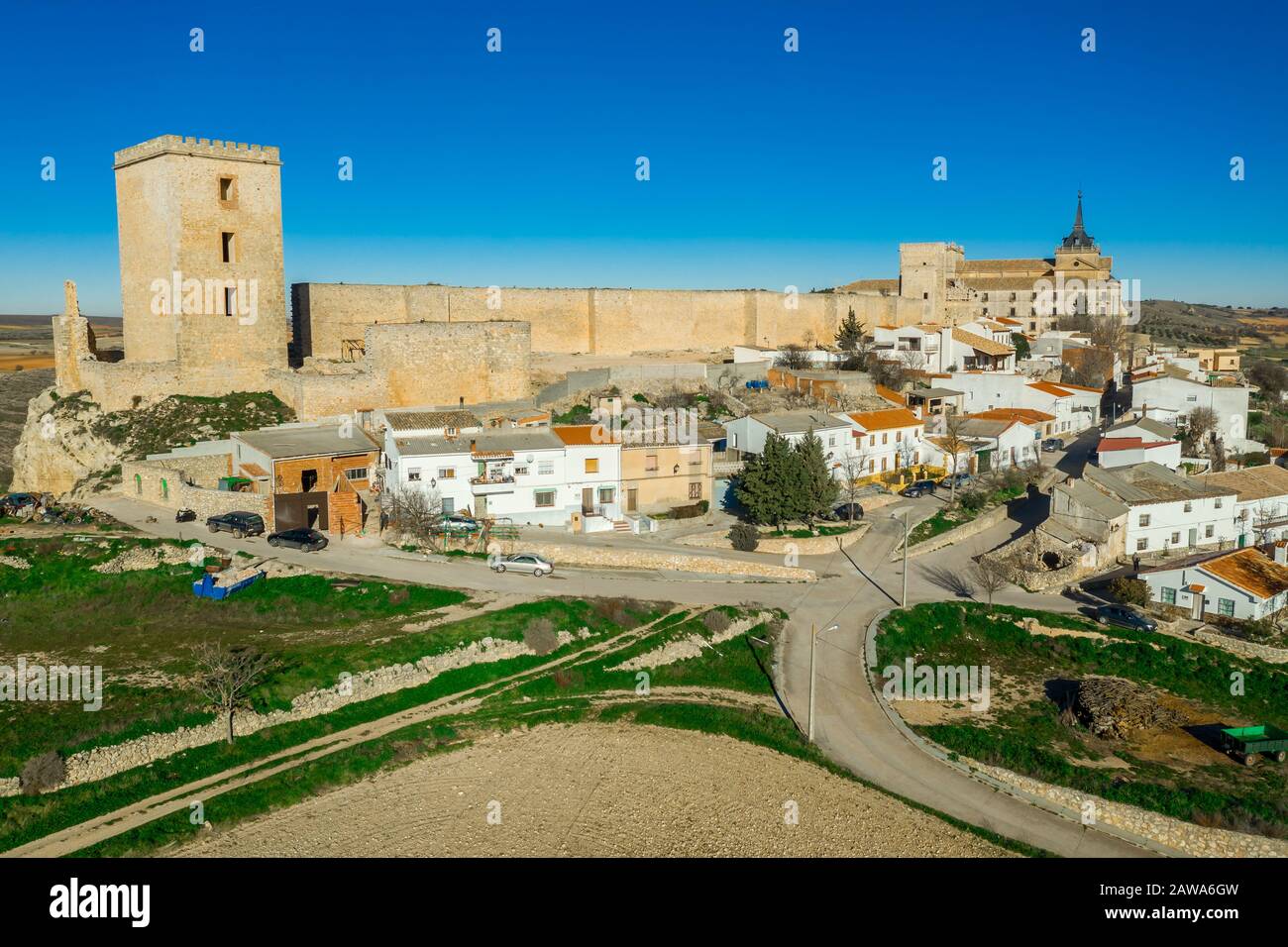 Aerial view of Ucles castle and monastery with two keeps gates and ...