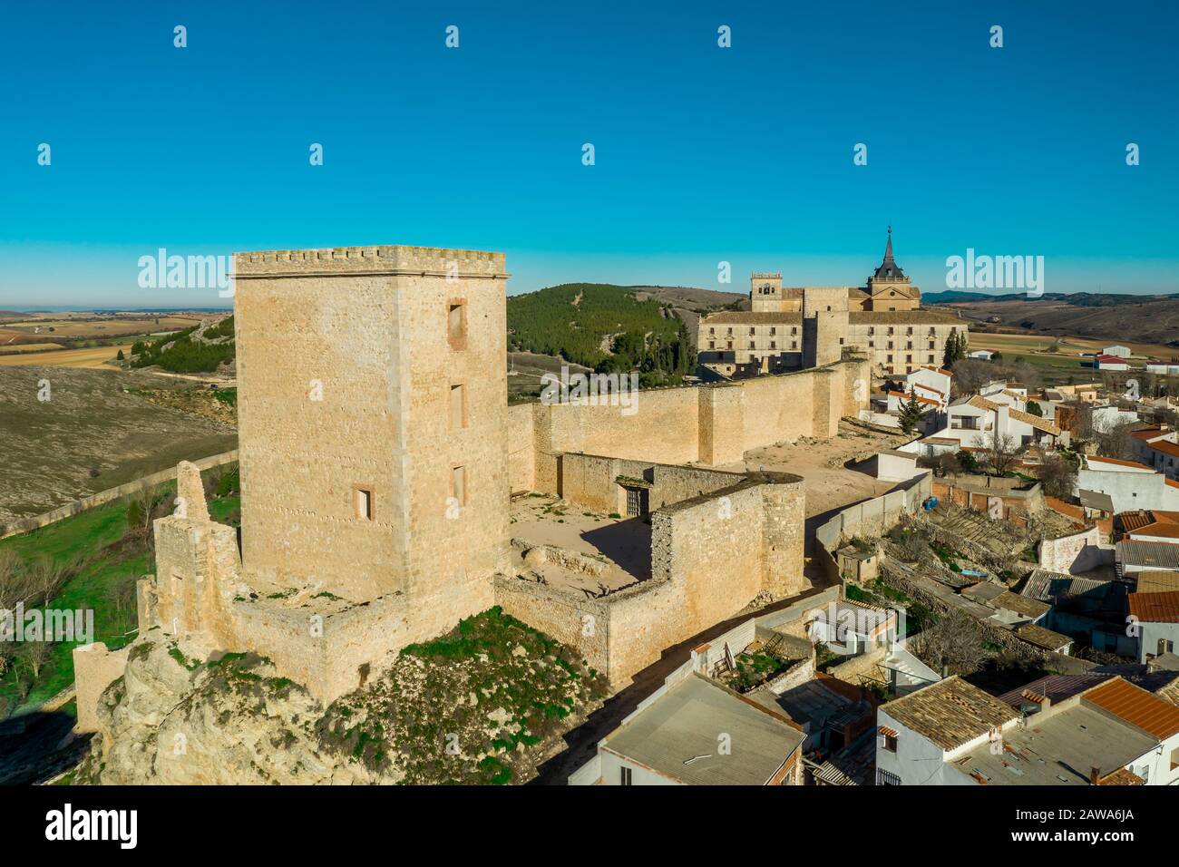 Aerial view of Ucles castle and monastery with two keeps gates and ...