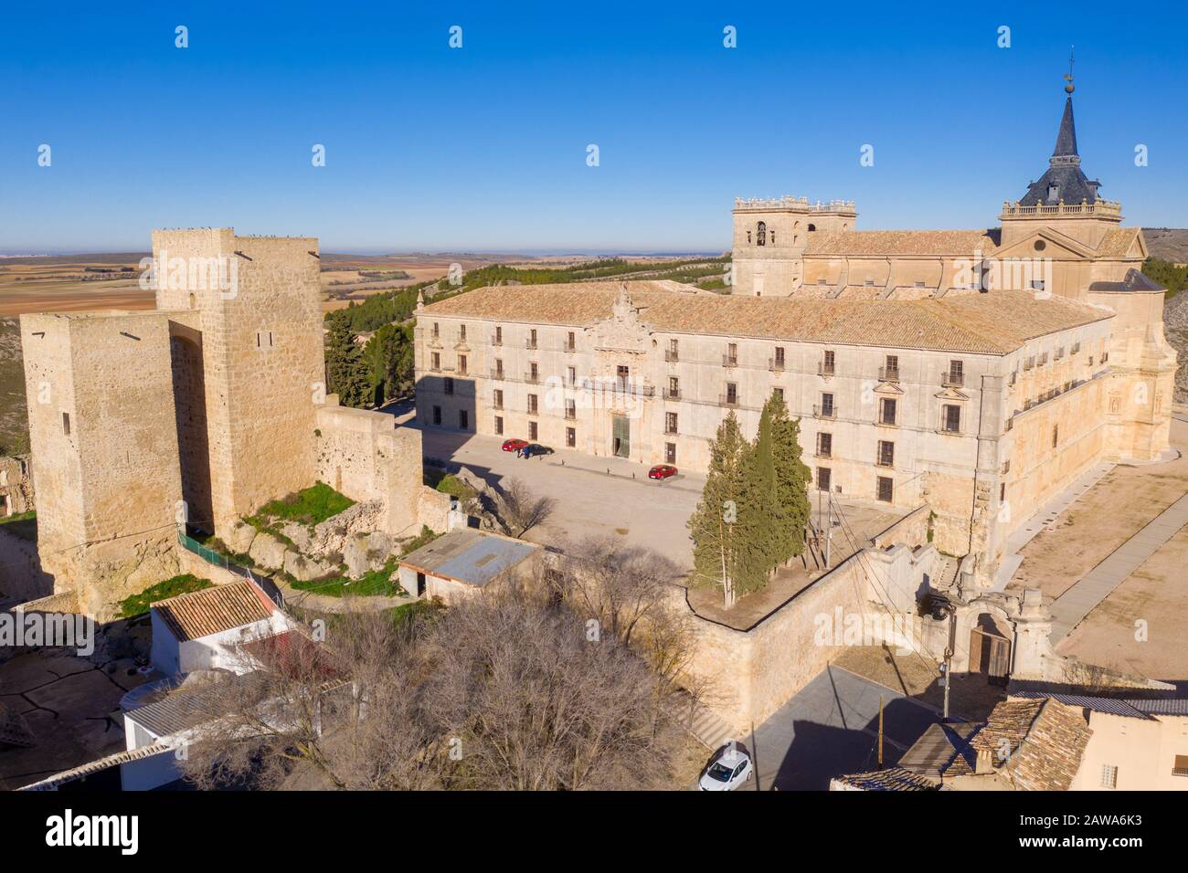 Aerial view of Ucles castle and monastery with two keeps gates and ...