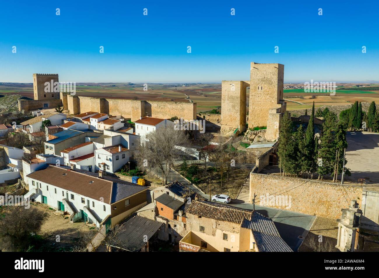 Aerial view of Ucles castle and monastery with two keeps gates and ...