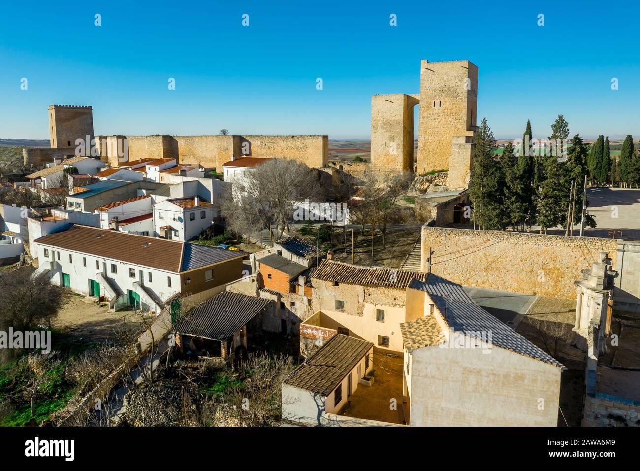 Aerial view of Ucles castle and monastery with two keeps gates and ...