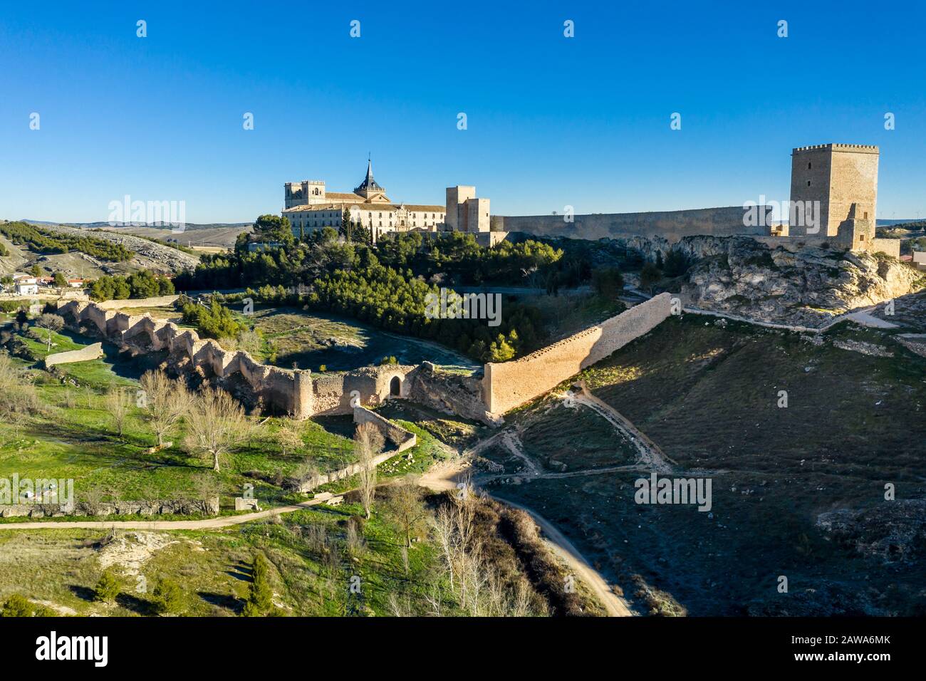 Aerial view of Ucles castle and monastery with two keeps gates and ...