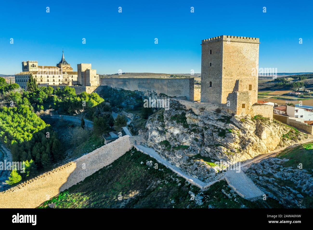 Aerial view of Ucles castle and monastery with two keeps gates and ...