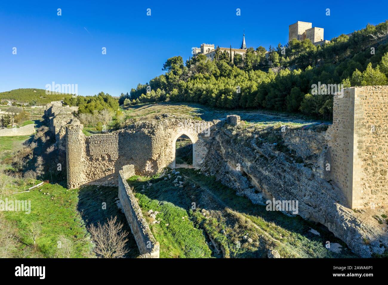 Aerial view of Ucles castle and monastery with two keeps gates and ...