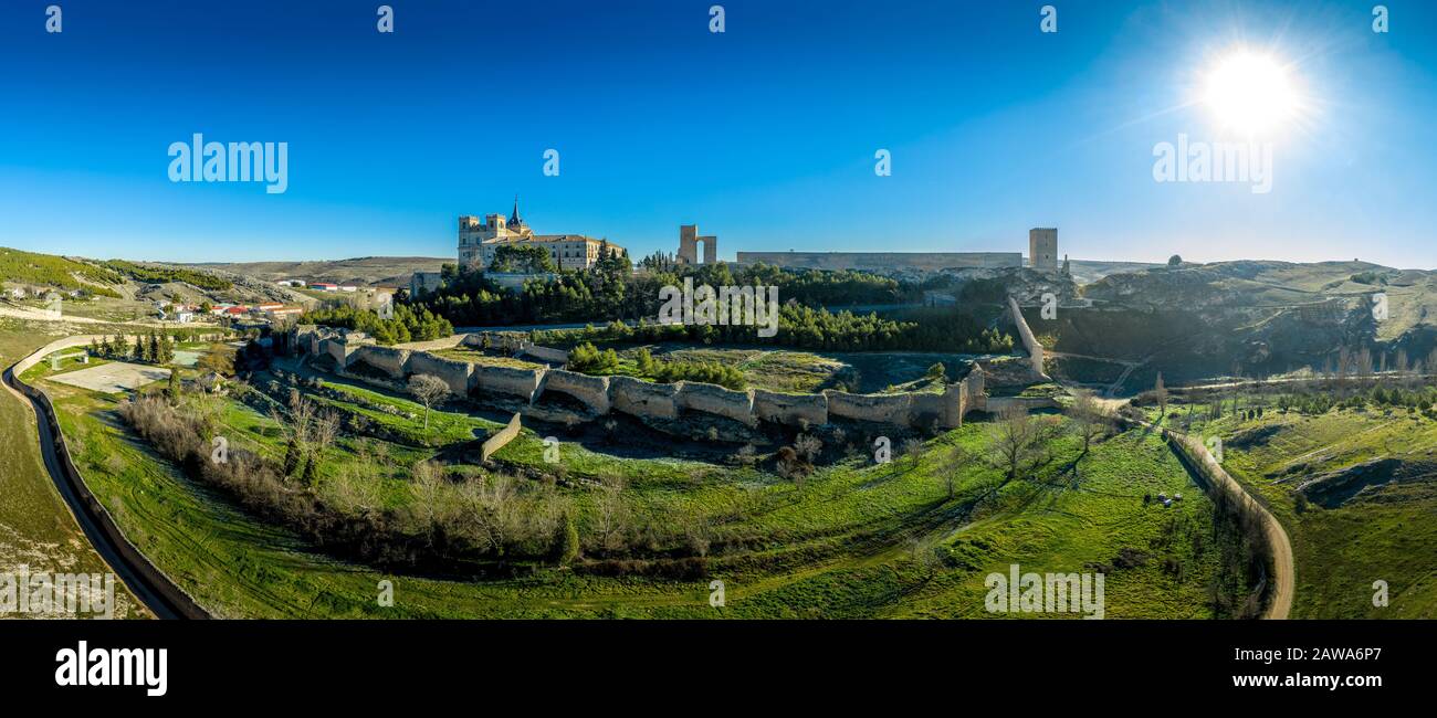 Aerial view of Ucles castle and monastery with two keeps gates and ...