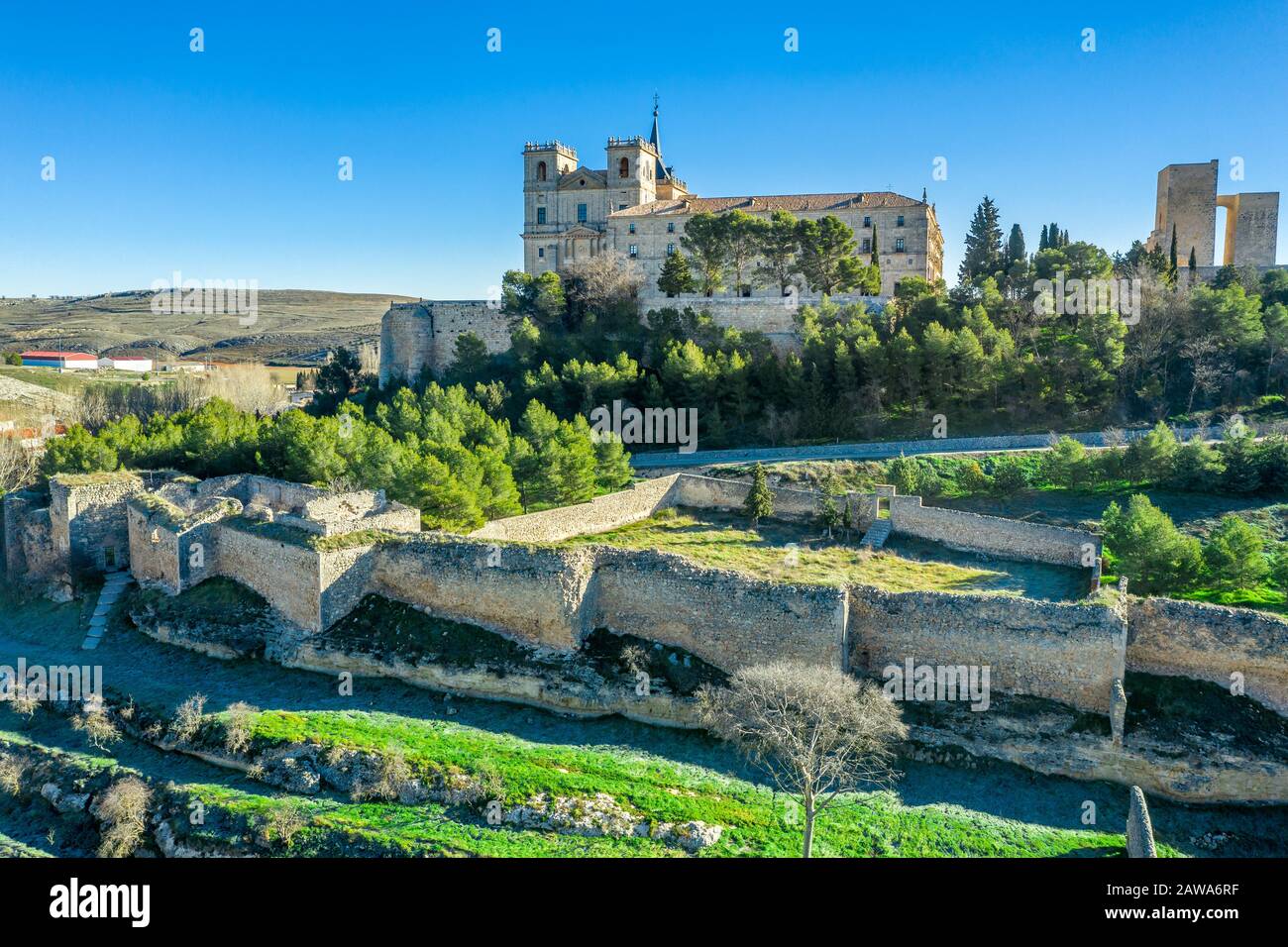 Aerial view of Ucles castle and monastery with two keeps gates and ...