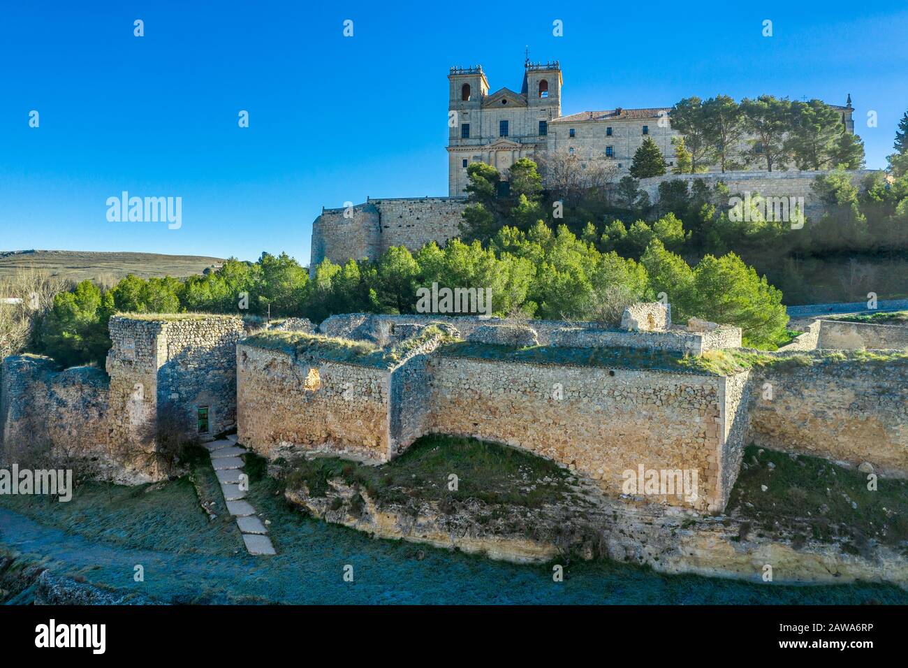 Aerial view of Ucles castle and monastery with two keeps gates and ...