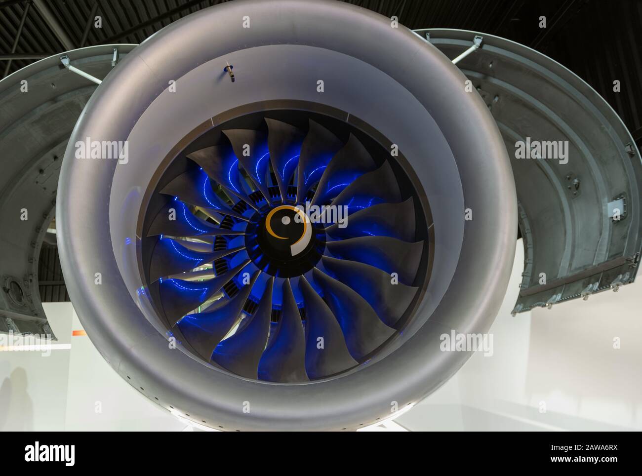 Fan of a civil turbofan aircraft engine in the exhibition hall Stock ...