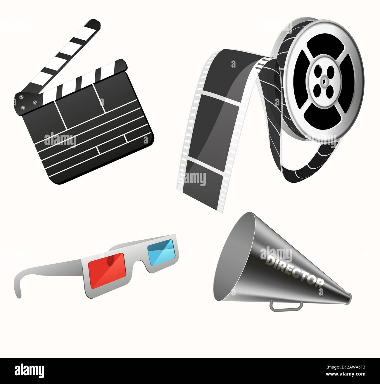 Camera cinema stereo glasses clapper and megaphone for film production ...