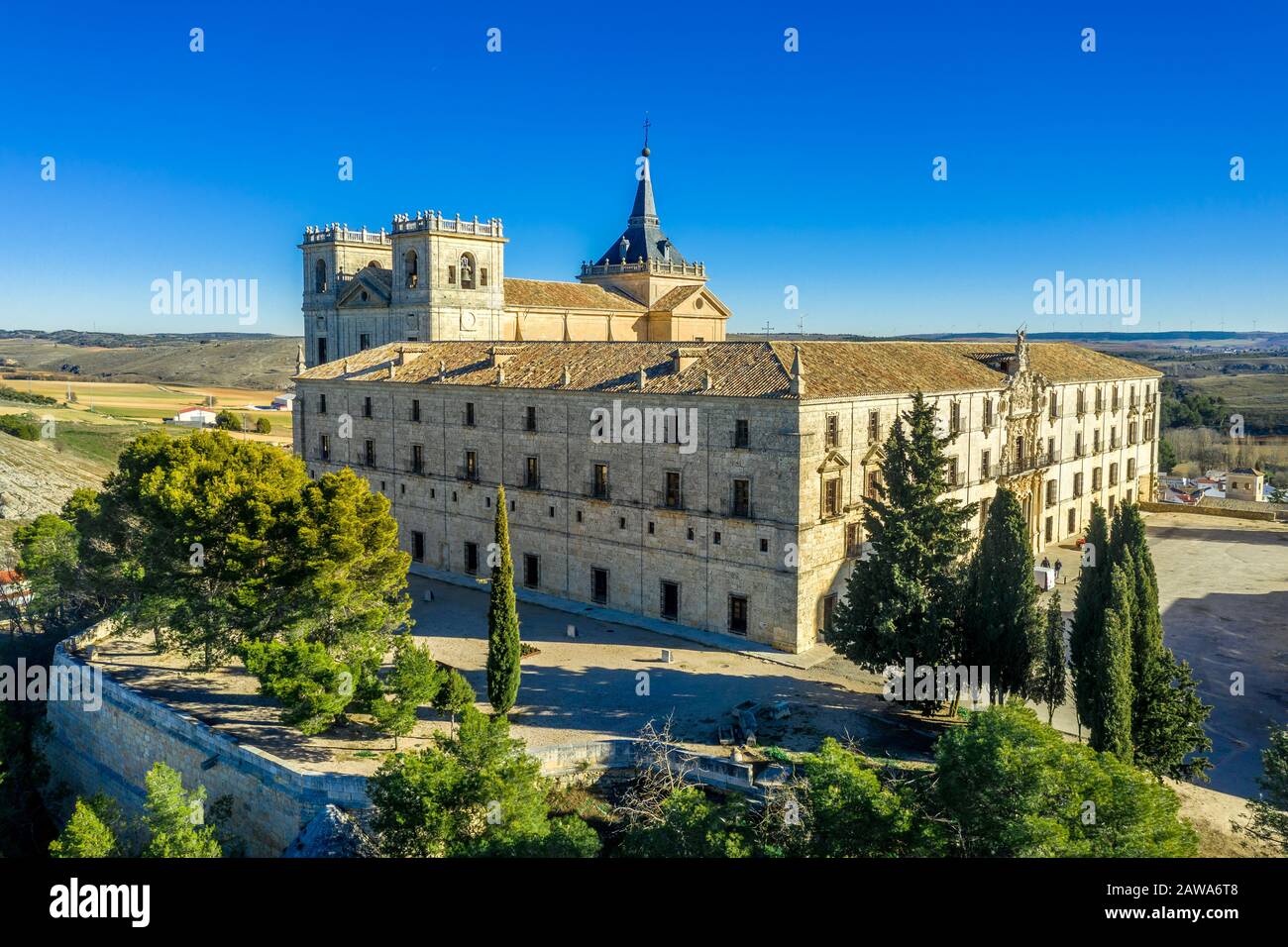 Aerial view of Ucles castle and monastery with two keeps gates and ...