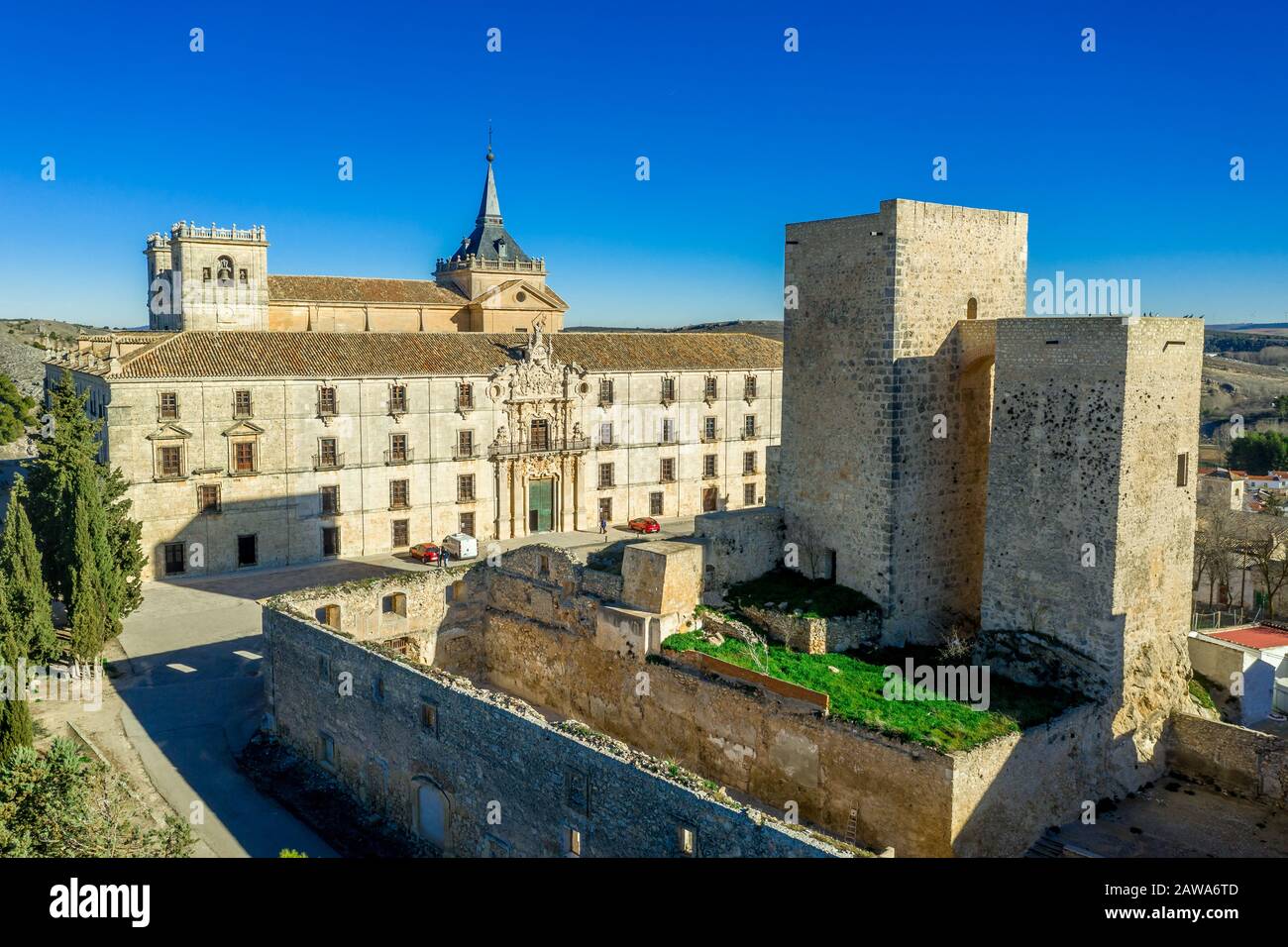 Aerial view of Ucles castle and monastery with two keeps gates and ...