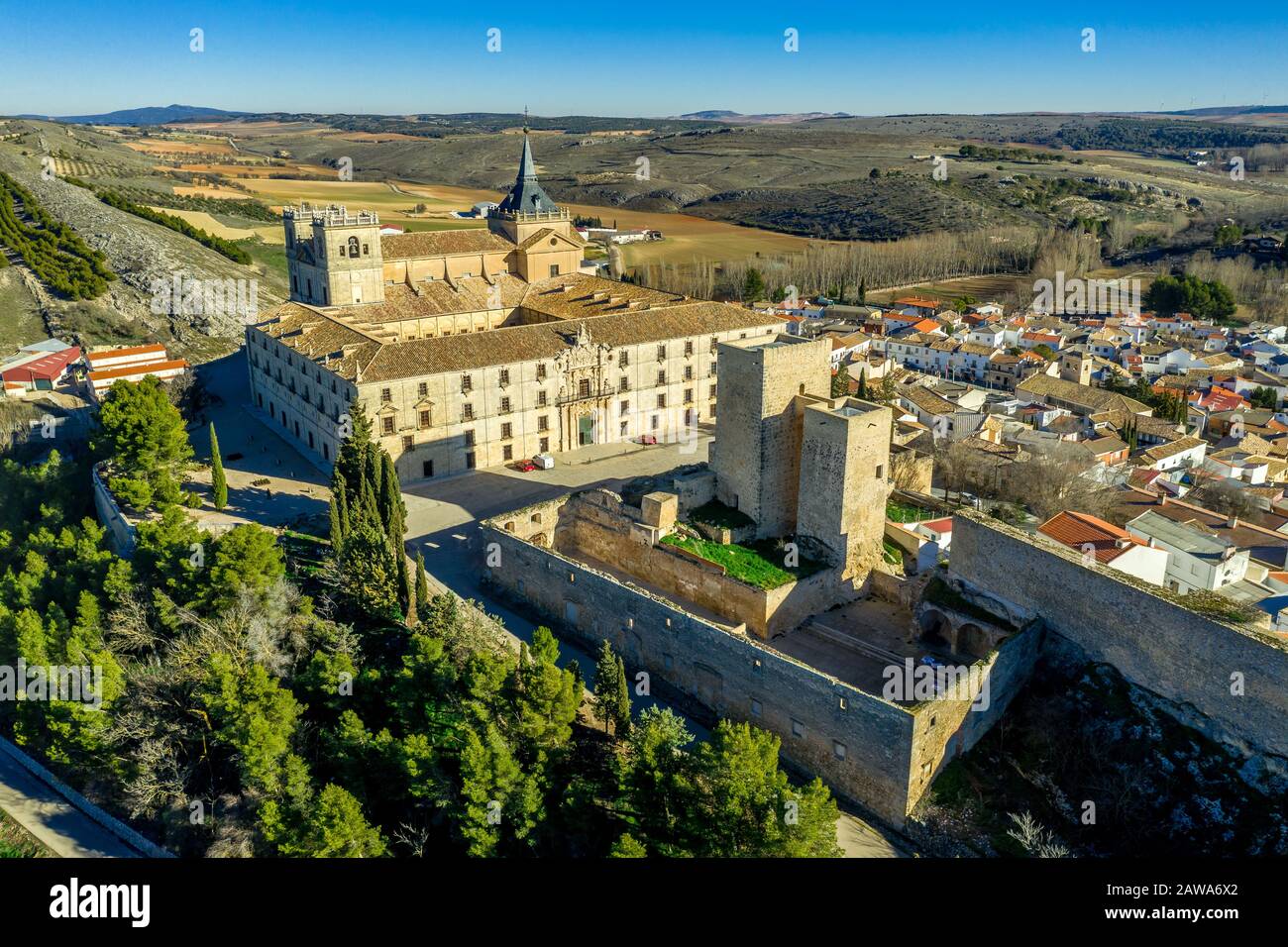 Aerial view of Ucles castle and monastery with two keeps gates and ...