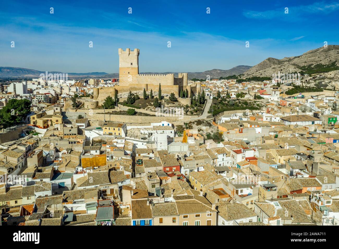 Aerial view of Atalaya castle over Villena Spain. The fortress has ...