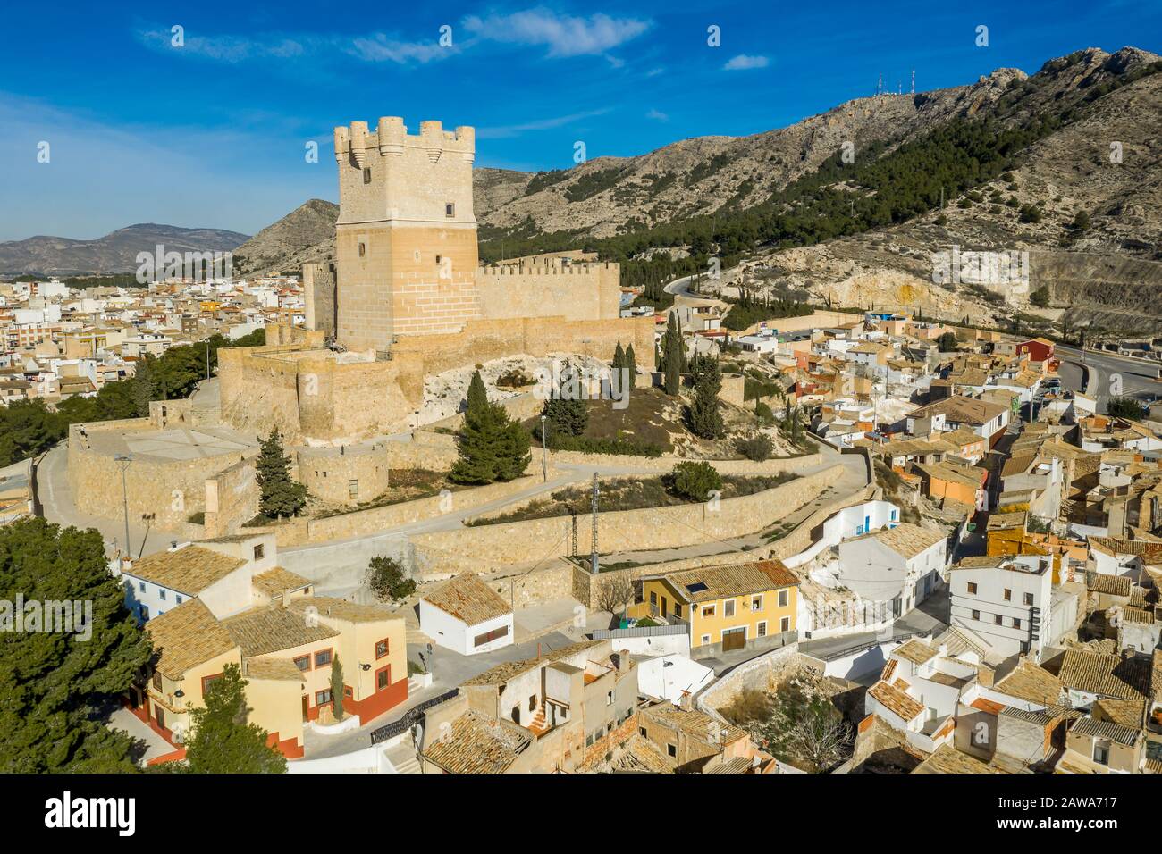 Aerial view of Atalaya castle over Villena Spain. The fortress has ...