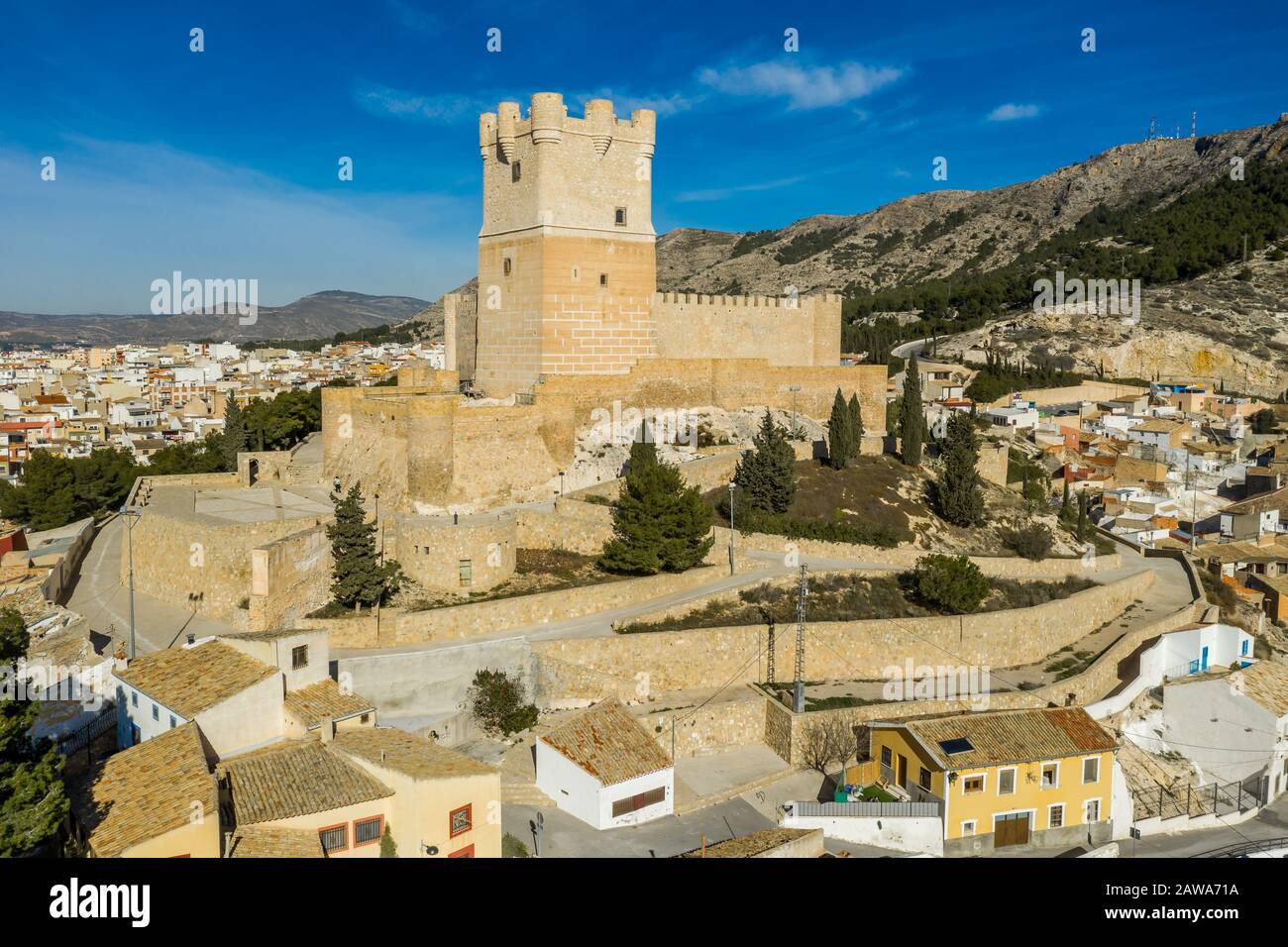 Aerial View Of Atalaya Castle Over Villena Spain The Fortress Has Aerial View Of Atalaya Castle Over Villena Spain The Fortress Has