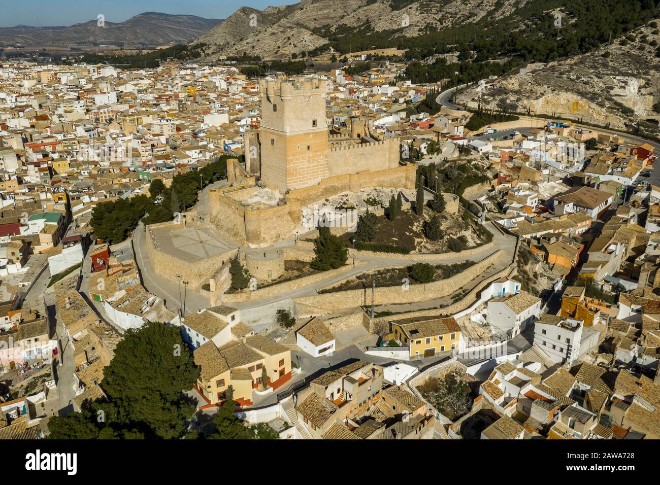 Aerial view of Atalaya castle over Villena Spain. The fortress has ...