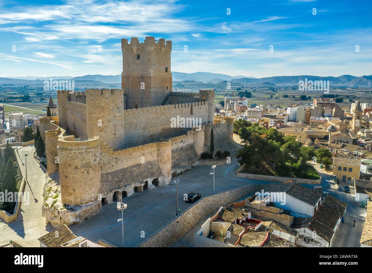 Aerial view of Atalaya castle over Villena Spain. The fortress has ...