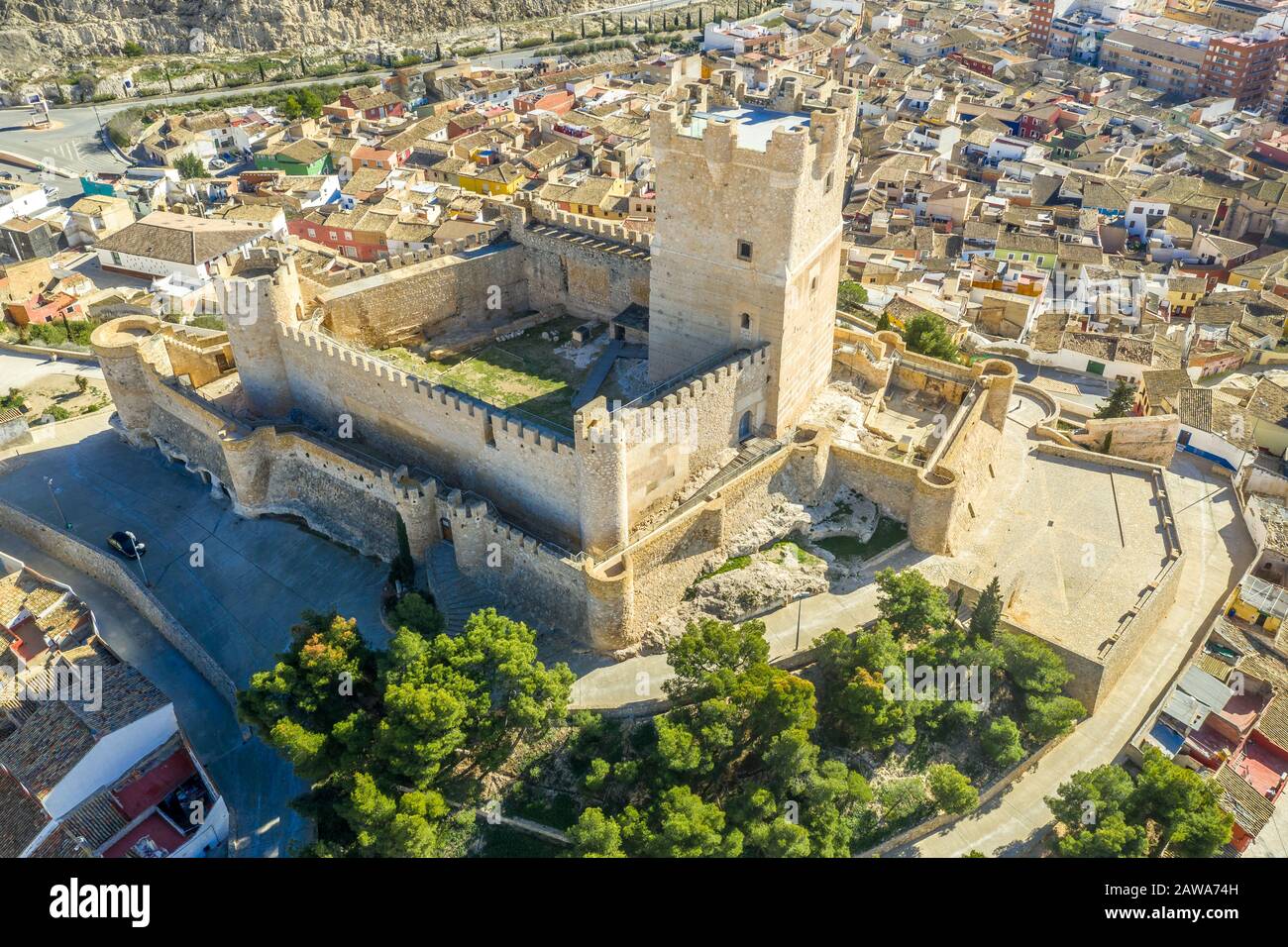Aerial view of Atalaya castle over Villena Spain. The fortress has ...