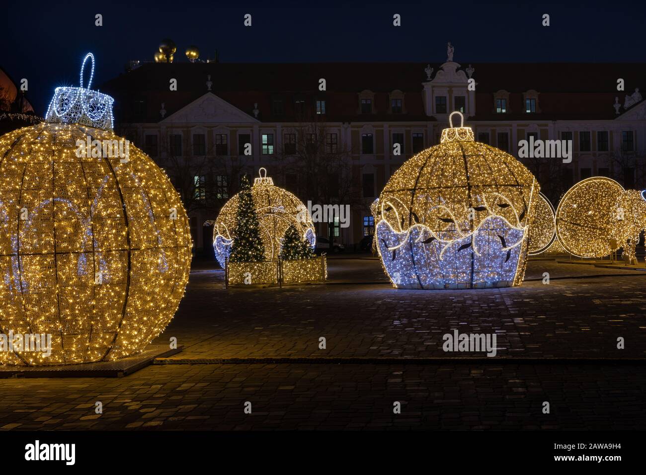 Super-size christmas decorations illuminated in city square in ...