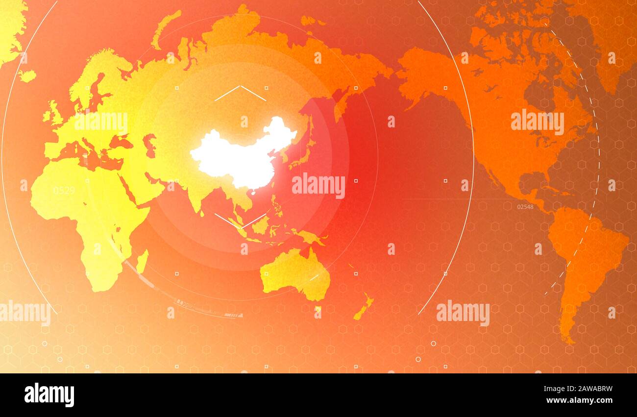 World map with China highlighted. World planisphere. Fear of new virus ...