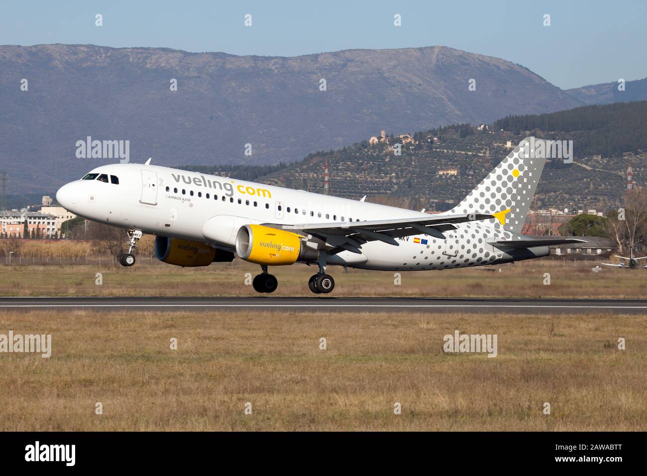 Florence, Italy. 12th Jan, 2020. A Vueling Airbus 319 leaves Florence ...