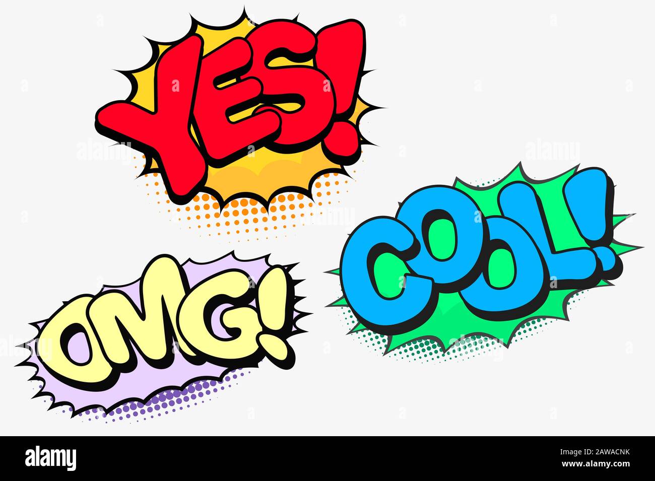 Very bright colorful comic speech bubbles with captions YES, OMG, COOL ...