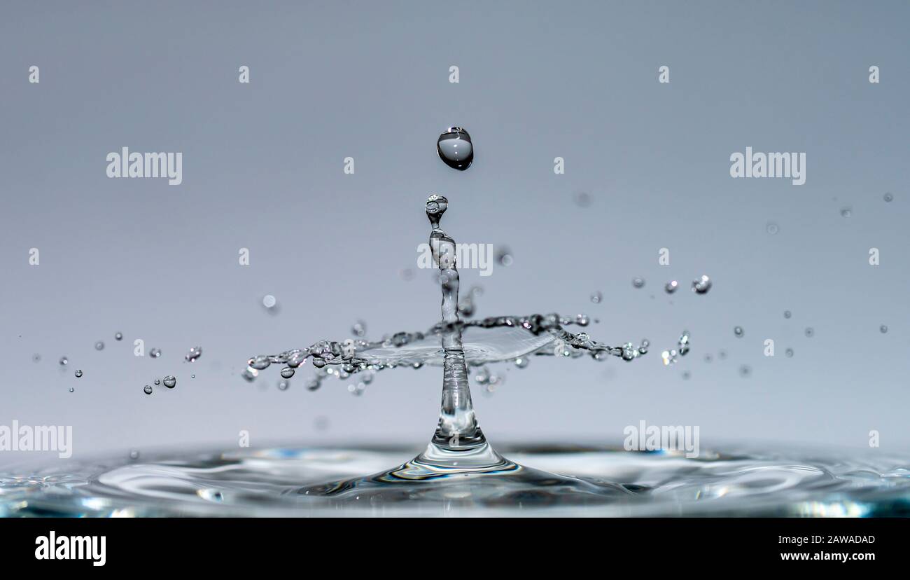 Water drops fall from a height of pure, clear water forming splashes in ...