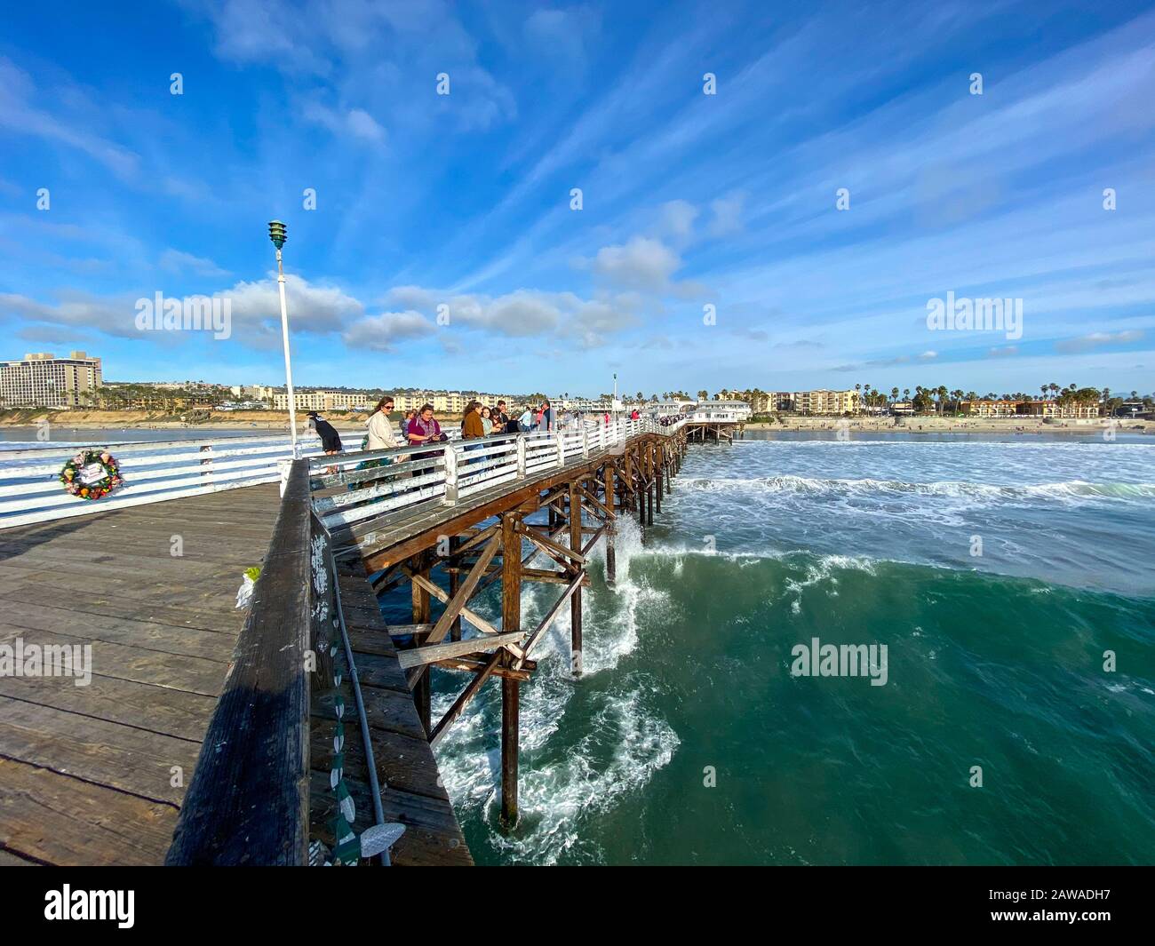 Pacific beach shoreline seen from the pier, San Diego, California, USA ...