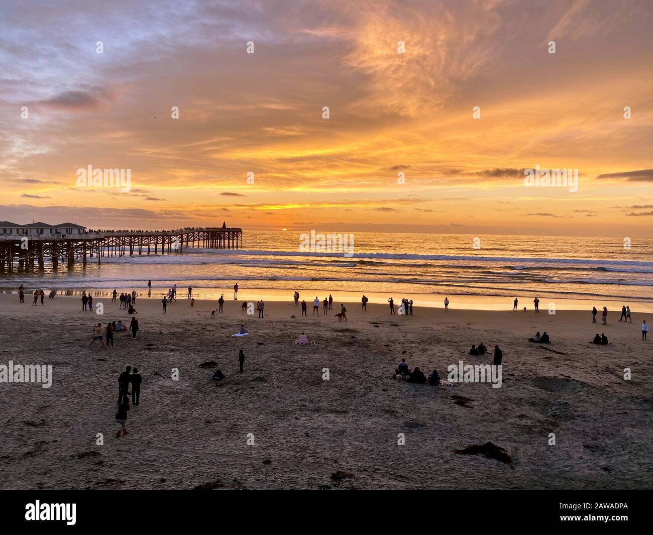 Pacific beach shoreline and pier during colorful sunset., San Diego ...