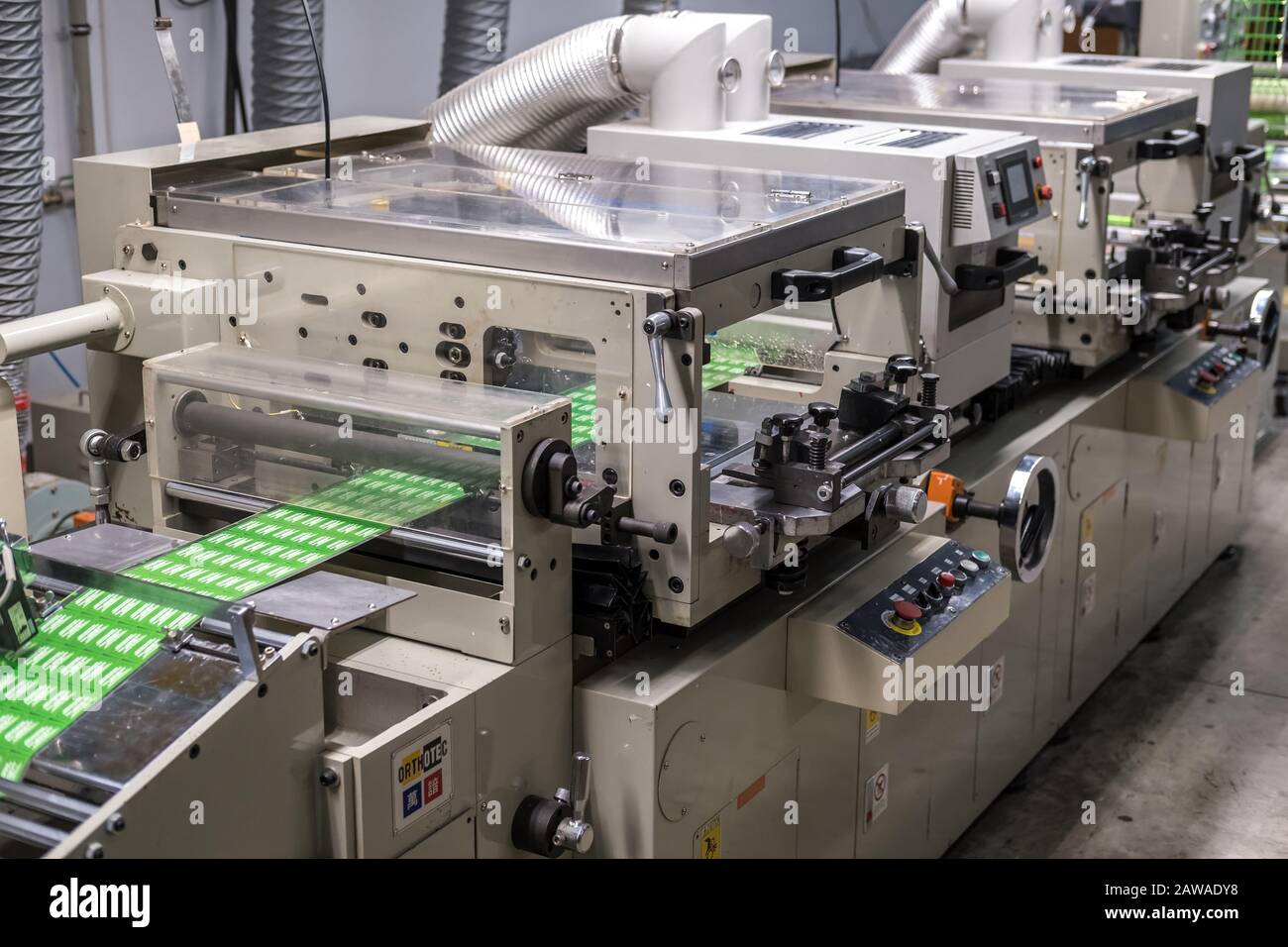 MINSK, BELARUS - JANUARY 2020: Rows of Large offset printing press ...
