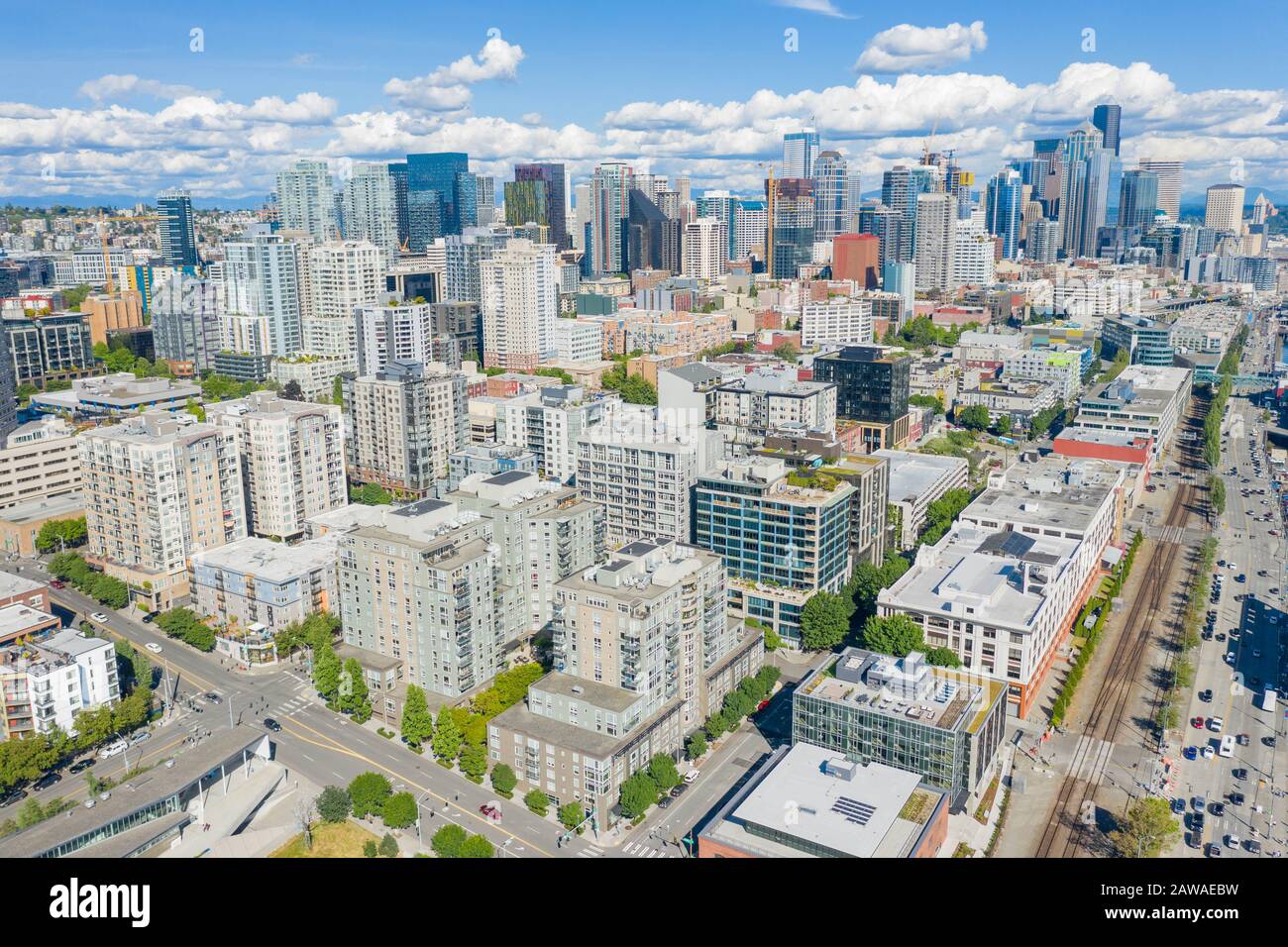 Aerial footage of the Belltown District in Seattle Stock Photo - Alamy