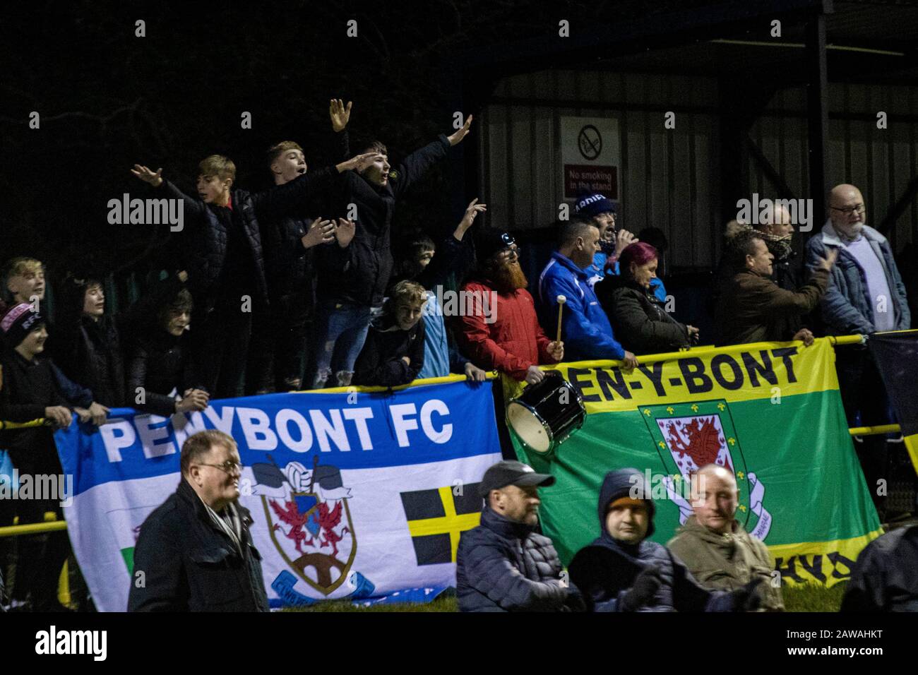 Bont Bank supporters at Bryntirion Park. Penybont v Carmarthen at ...