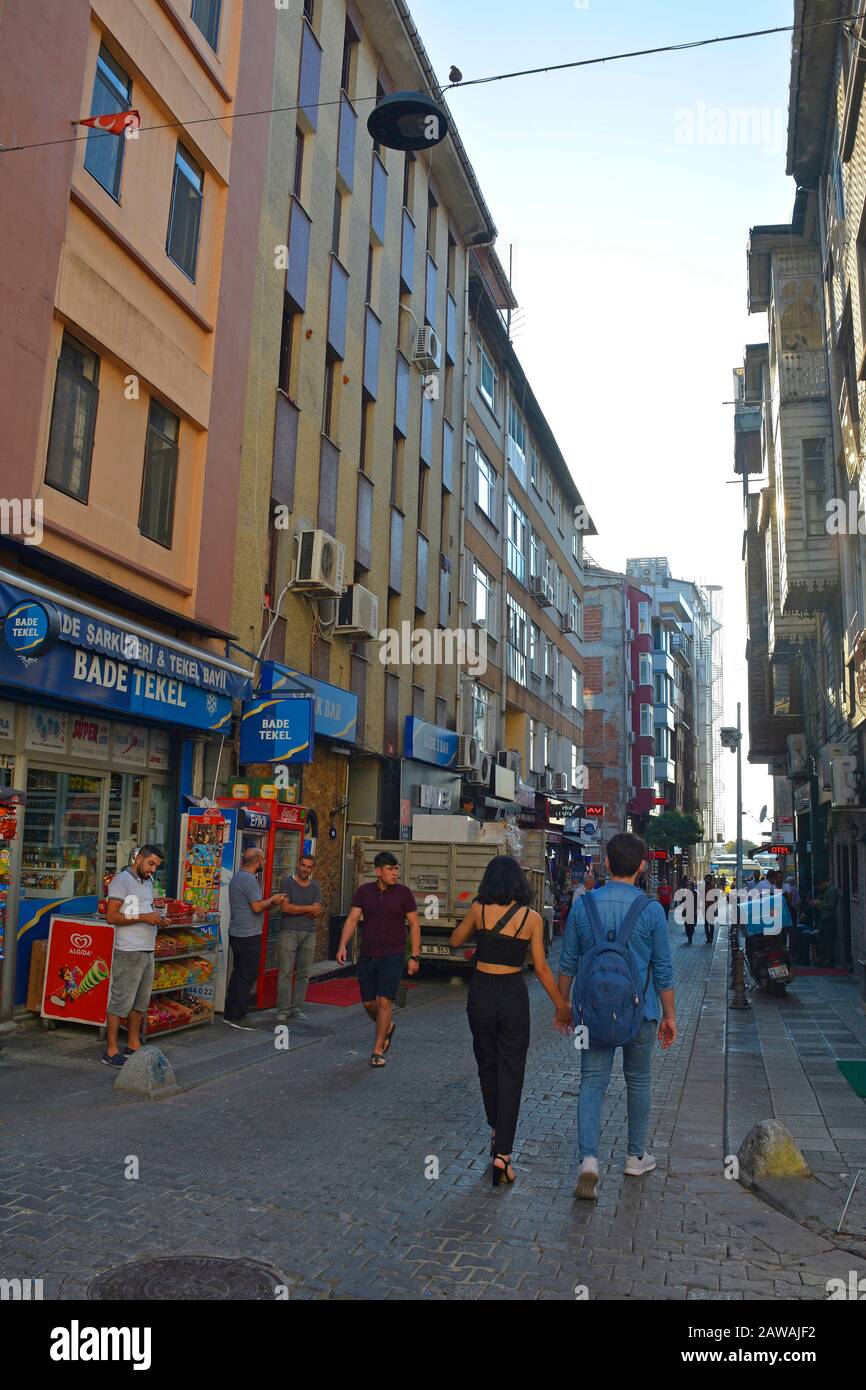 Istanbul, Turkey - September 18th 2019. A backstreet in a mainly ...