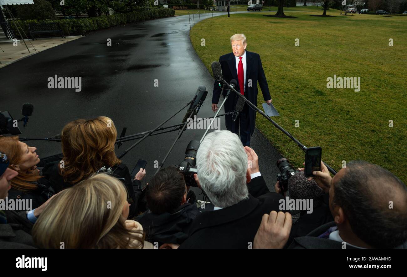 President Donald Trump talking with the press near the South Lawn of ...