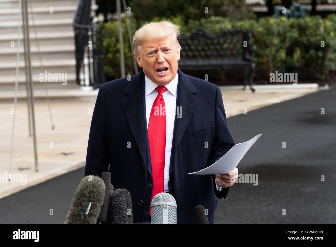 President Donald Trump talking with the press near the South Lawn of ...