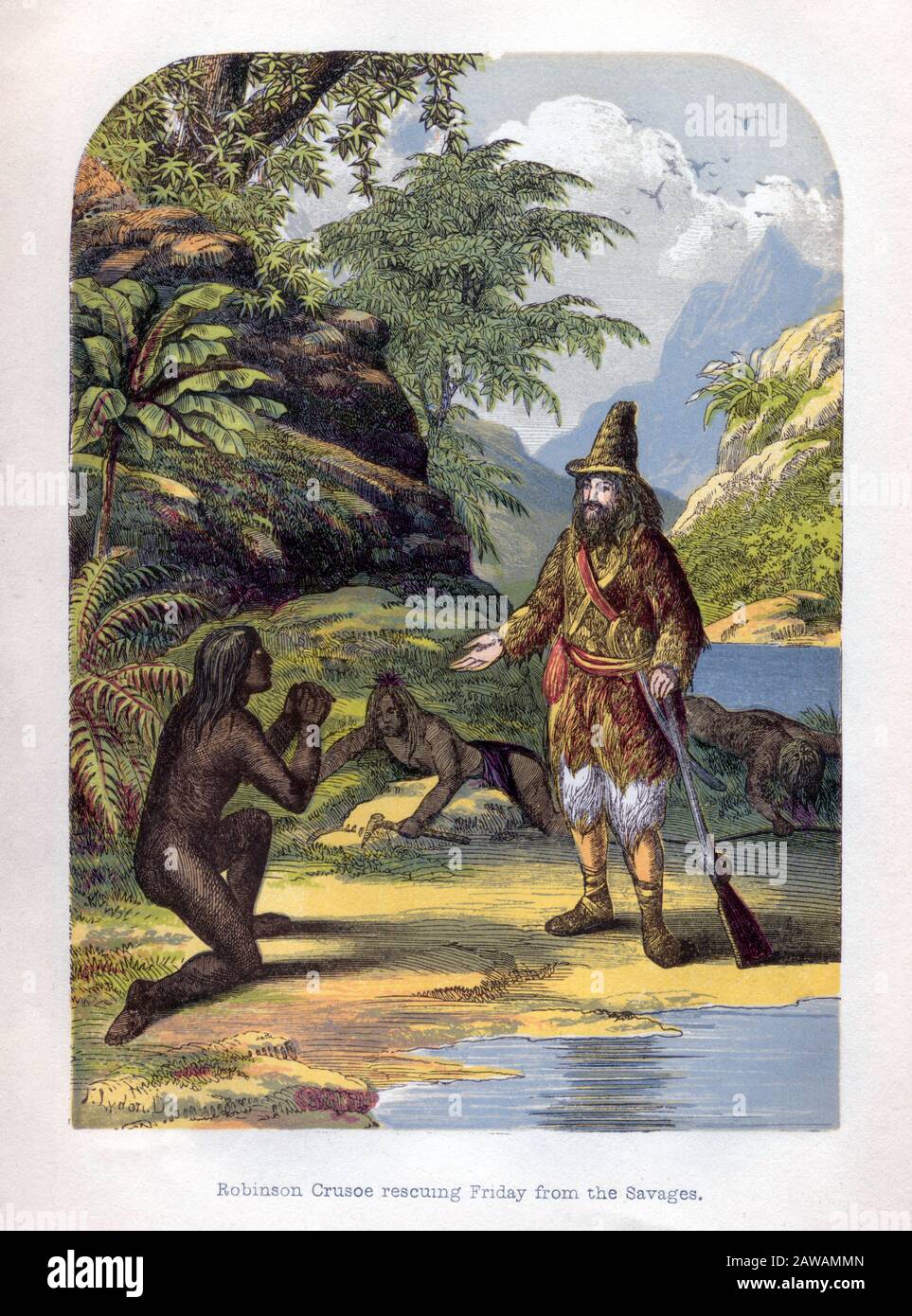 1865 , GREAT BRITAIN : ROBINSON CRUSOE and FRIDAY , engraving by the ...