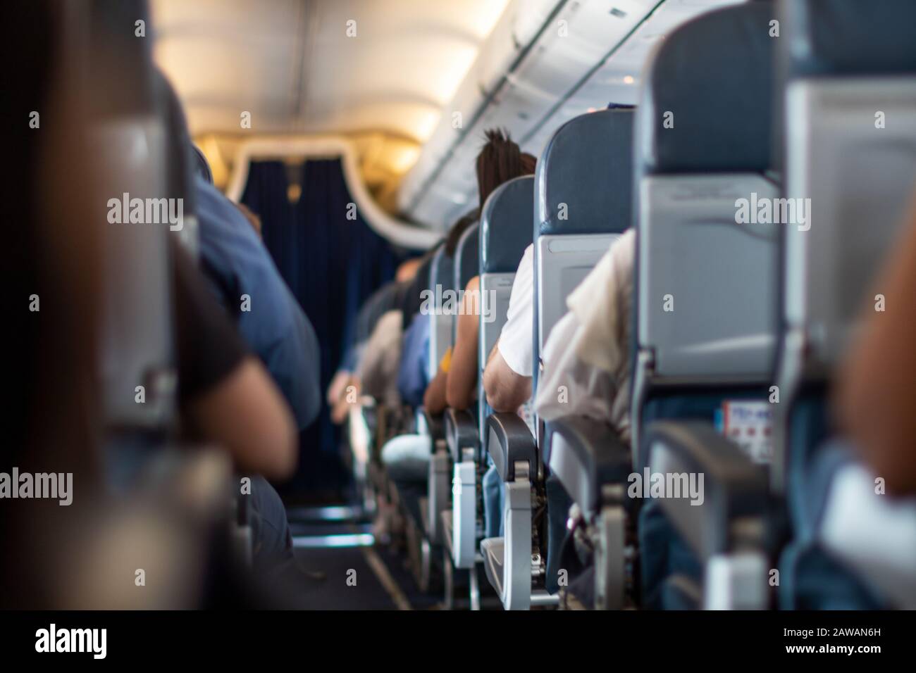 passenger seat, Interior of airplane with passengers sitting on seats ...