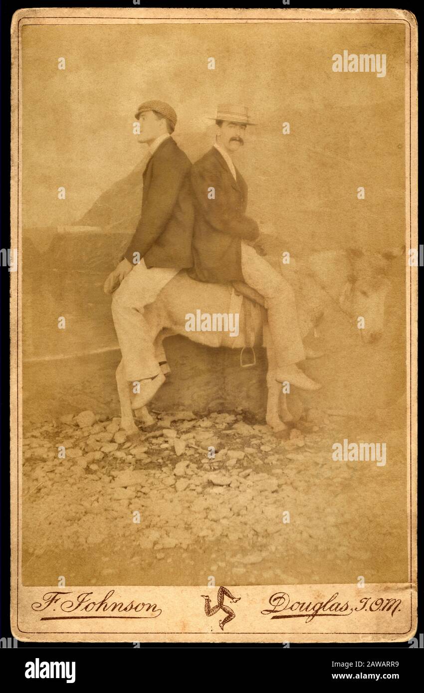 1890 ca , ISLE OF MAN , ENGLAND - GREAT BRITAIN : Two gents on donkey ...