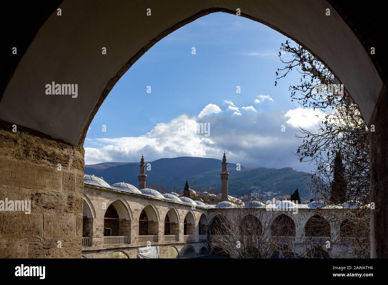 Bursa historic old "Ulu Mosque" minarets "Pirinc Caravanserai" inn and ...