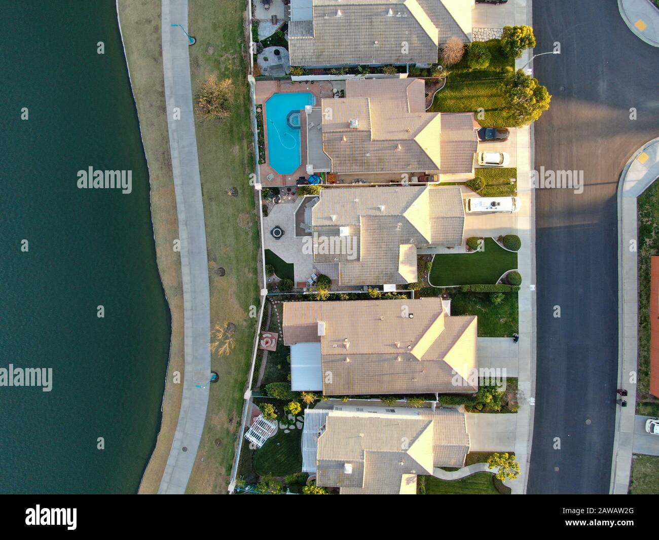 Aerial top view of Menifee Lake and neighborhood, residential ...