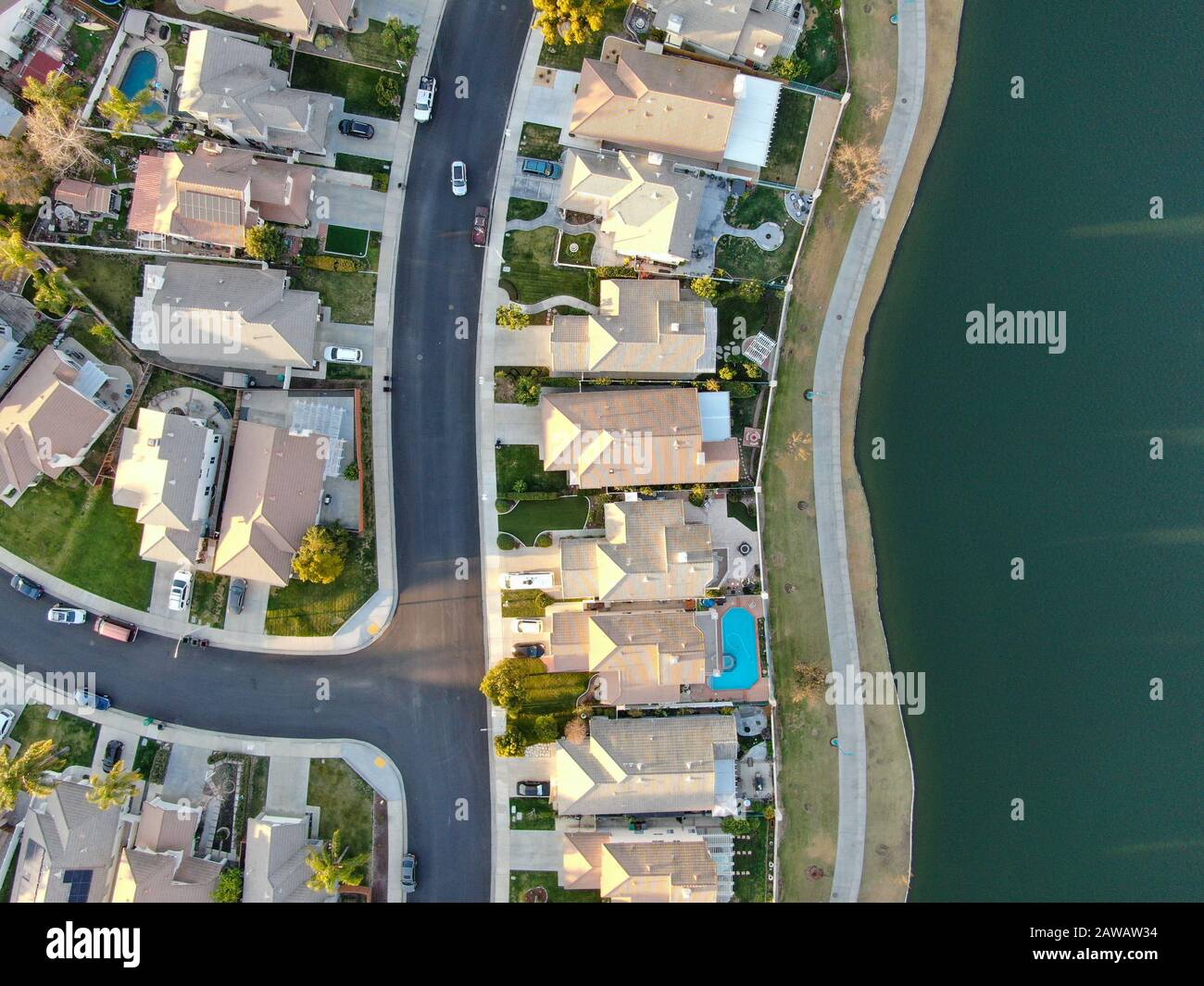 Aerial top view of Menifee Lake and neighborhood, residential ...