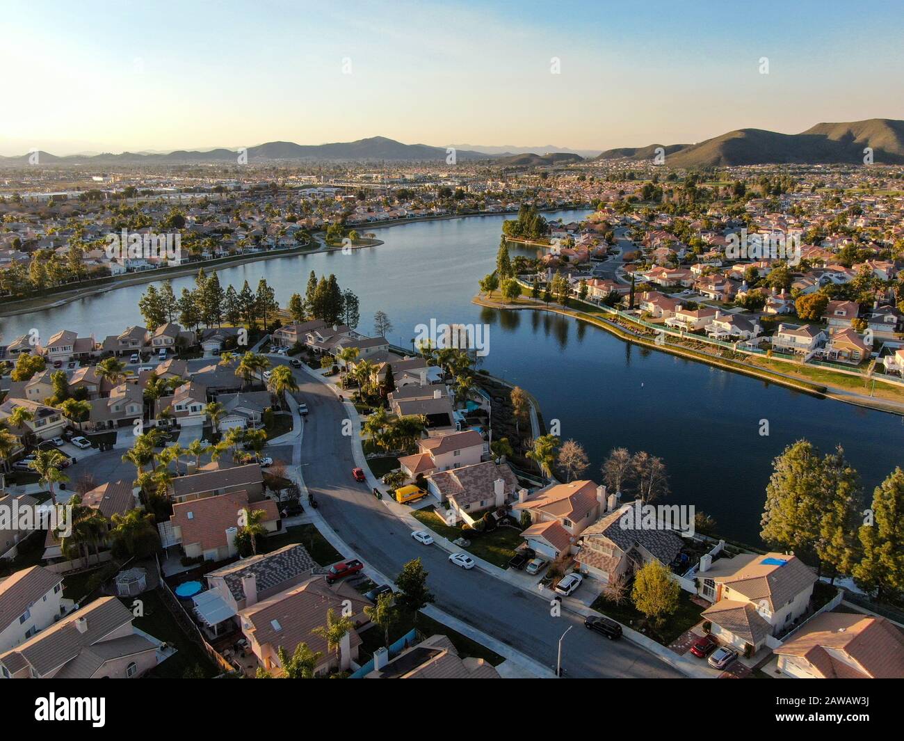 Aerial view of Menifee Lake and neighborhood, residential subdivision ...