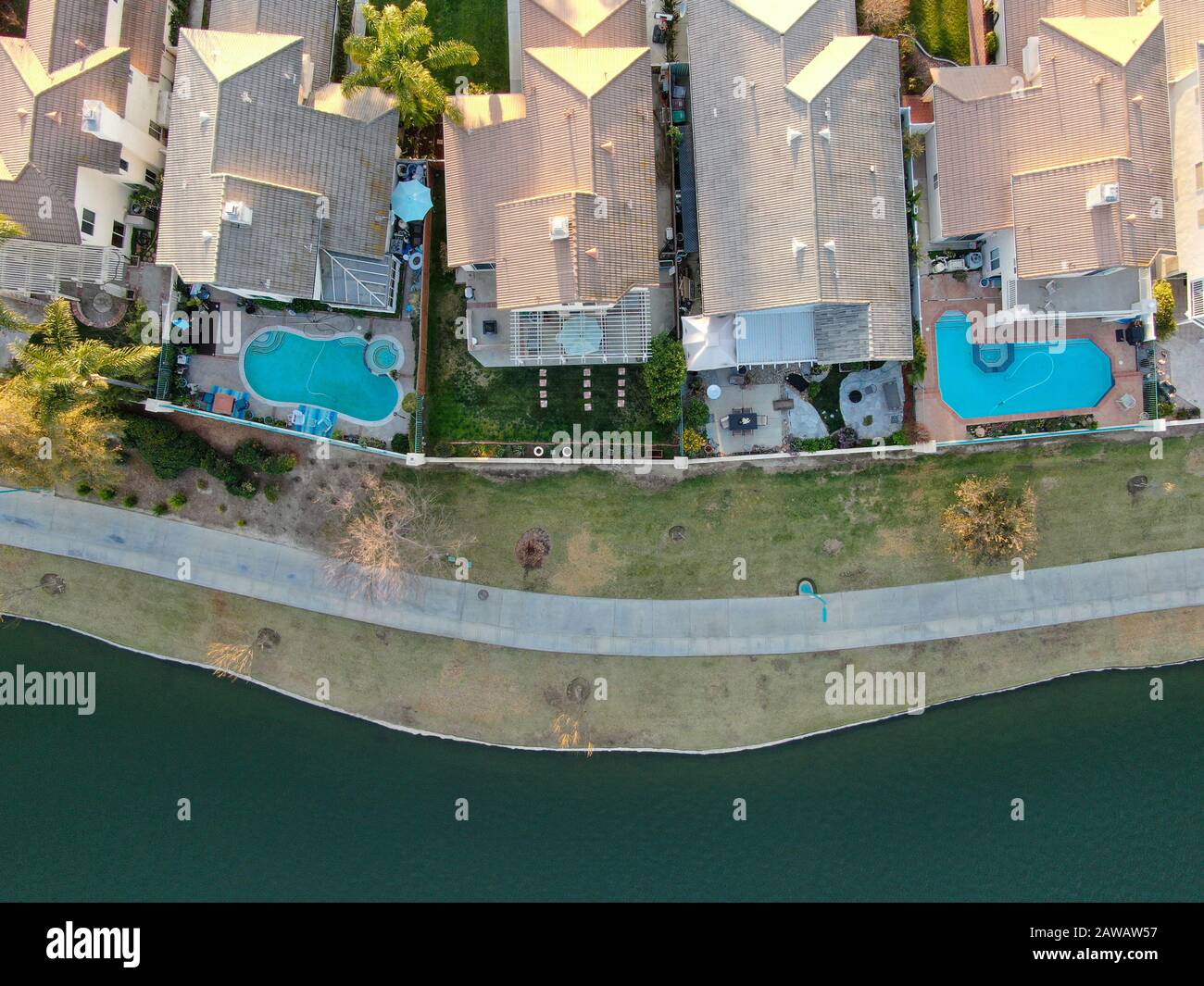 Aerial top view of Menifee Lake and neighborhood, residential ...