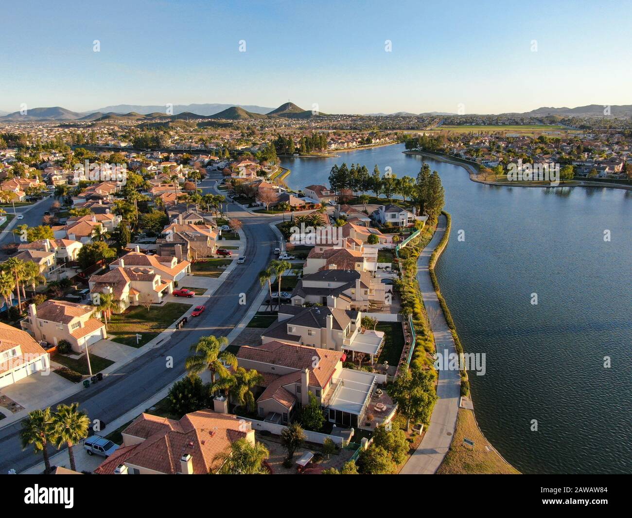 Aerial view of Menifee Lake and neighborhood, residential subdivision ...