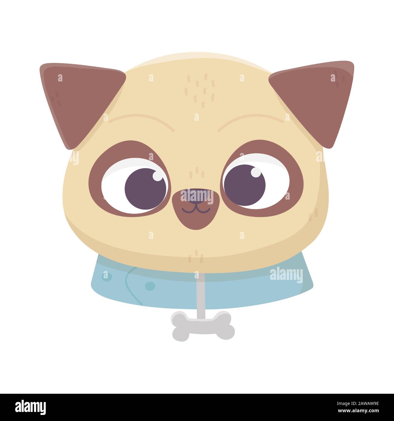 cute face pug dog collar with bone domestic cartoon animal, pets vector ...