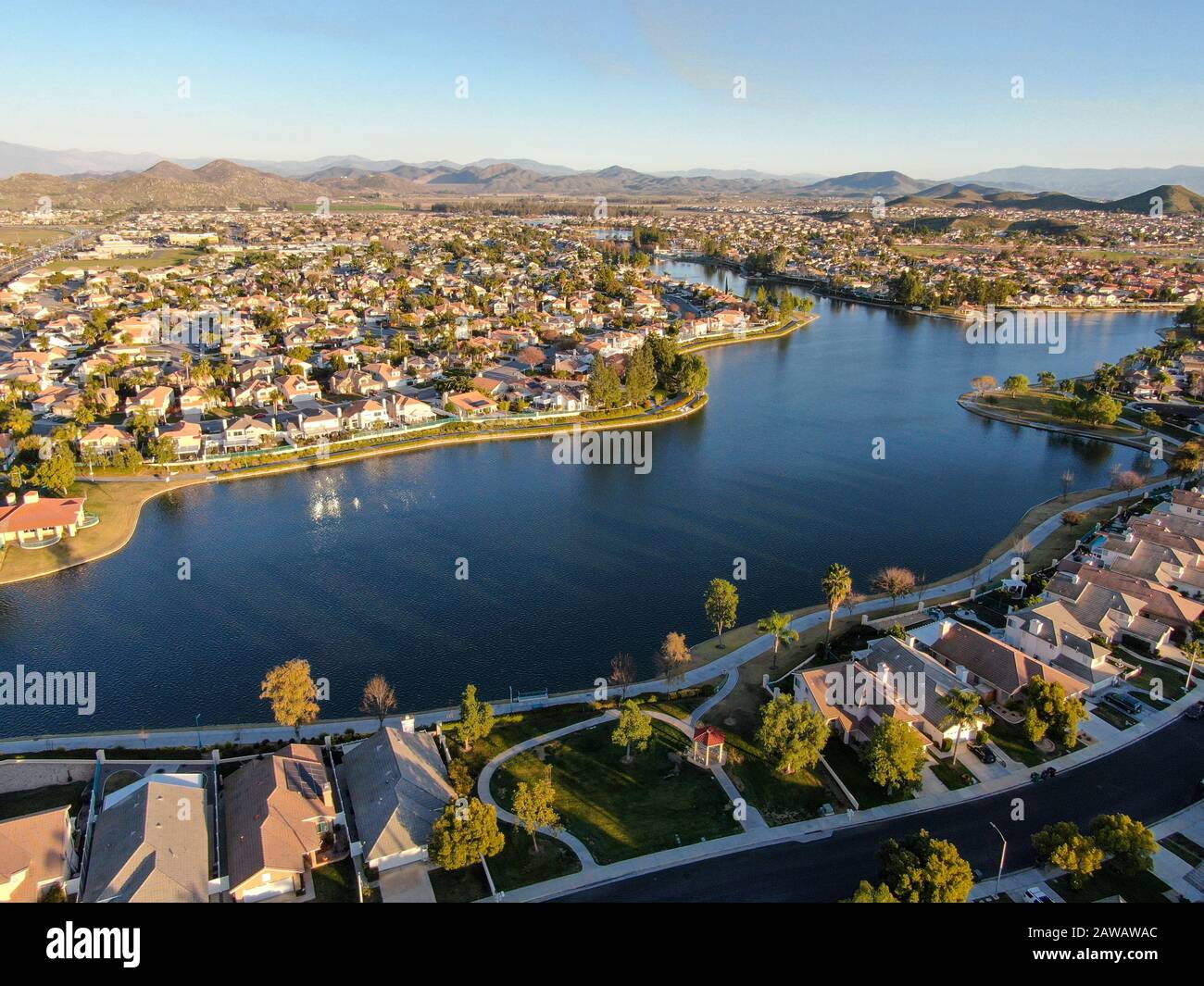 Aerial view of Menifee Lake and neighborhood, residential subdivision ...