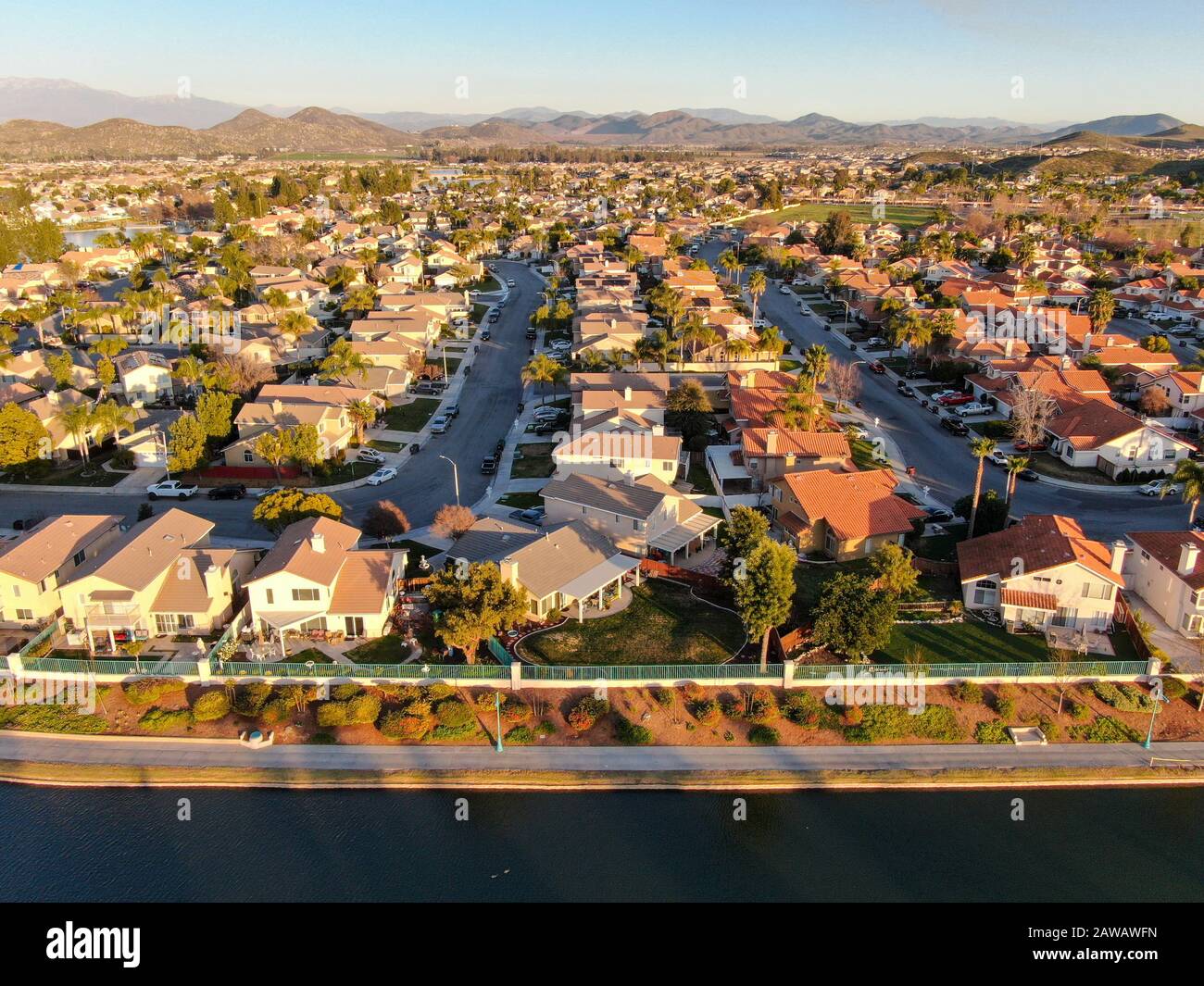 Aerial view of Menifee Lake and neighborhood, residential subdivision ...