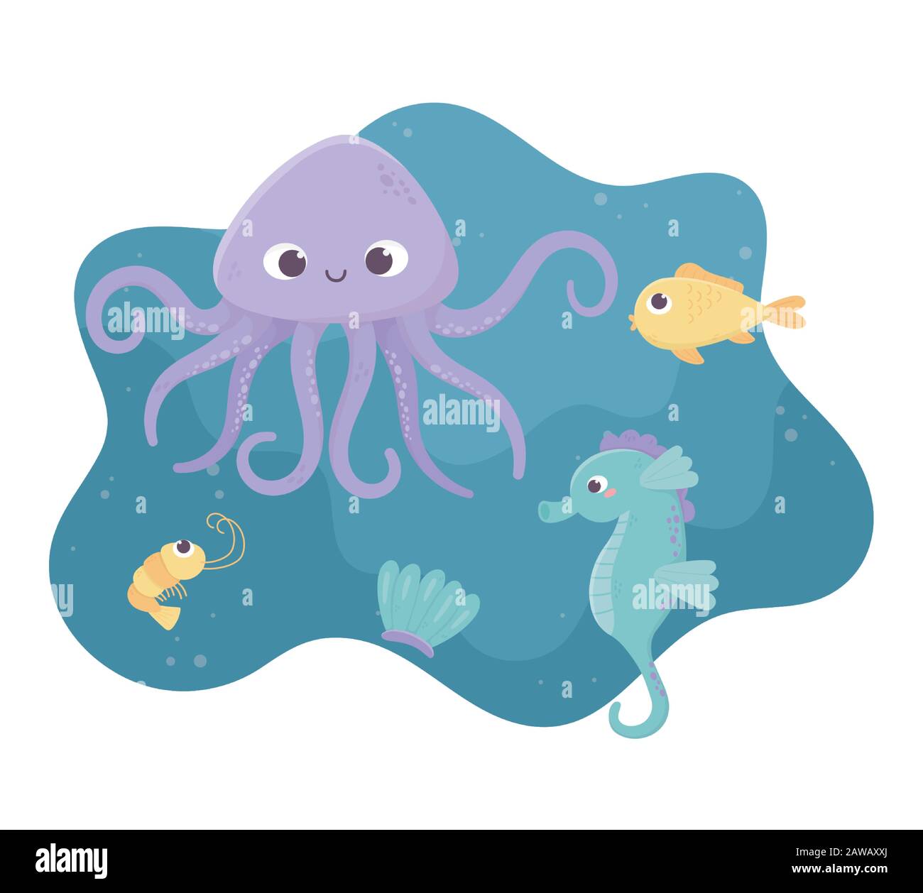 octopus seahorse fish shrimp and shell life cartoon under the sea ...
