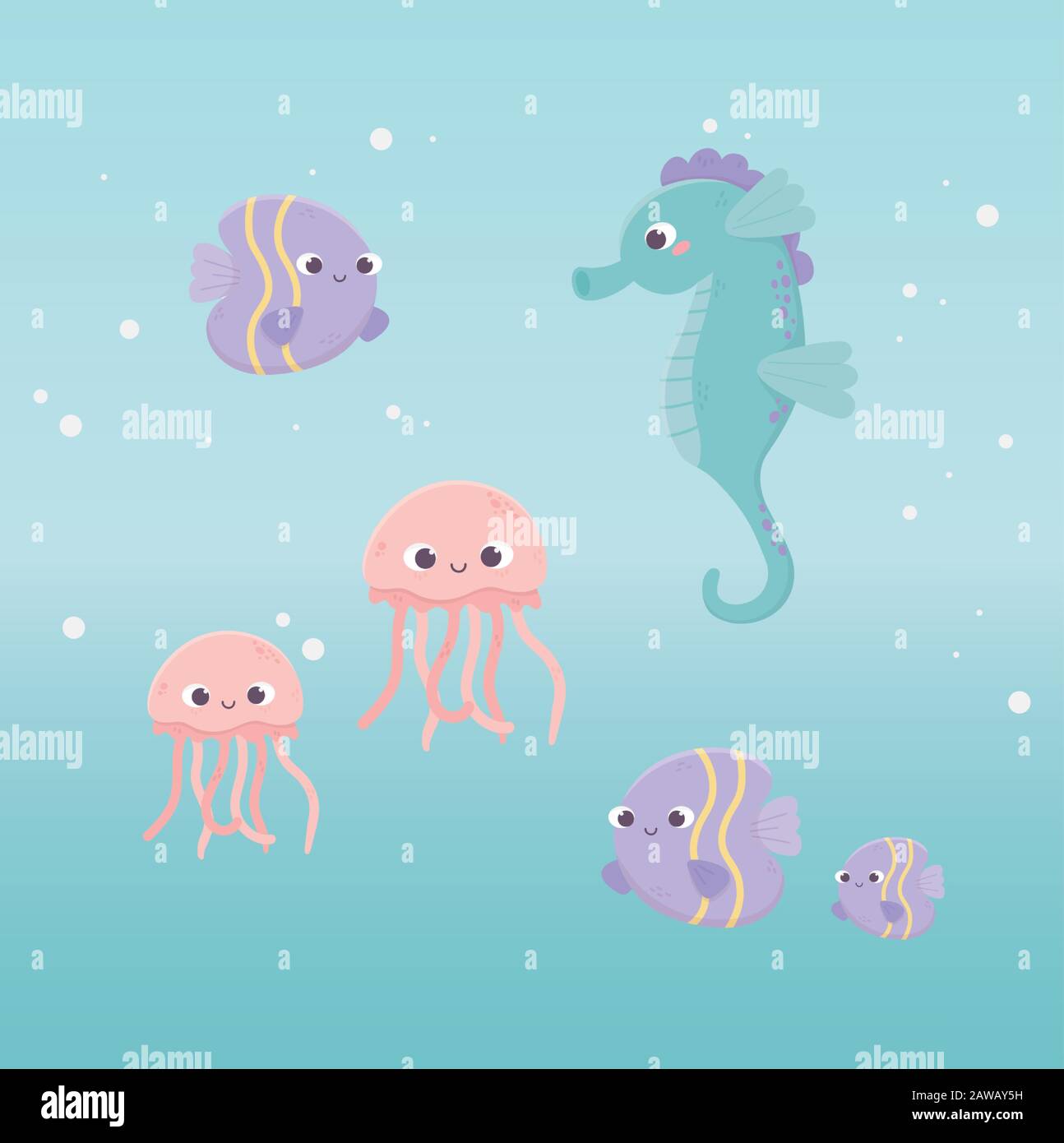 seahorse jellyfishes fishes bubbles water life cartoon under the sea ...