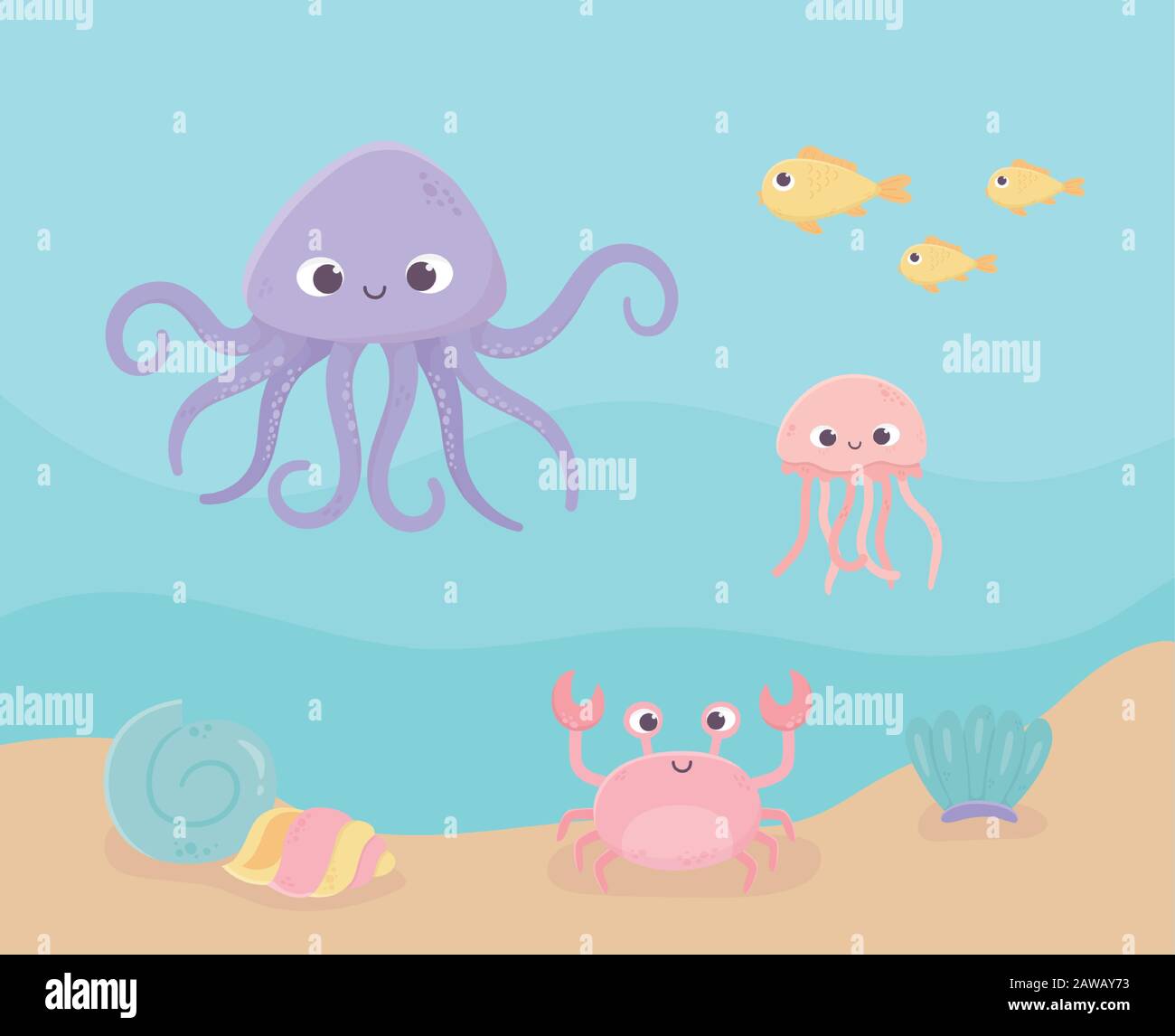 crab snail jellyfish octopus fishes sand life cartoon under the sea ...